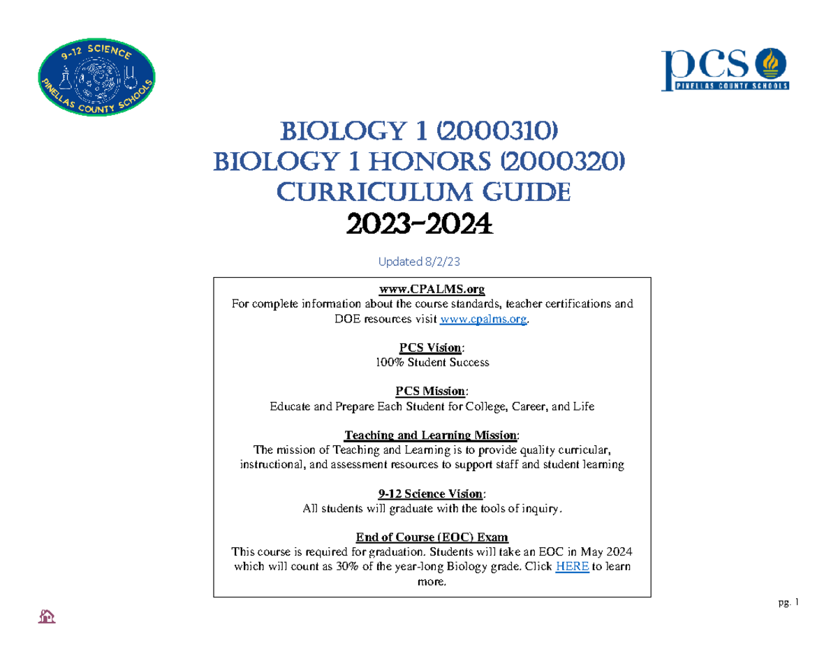 Bio Curriculum Guide 23-24 - pg. 1 Biology 1 (2000310) Biology 1 Honors ...