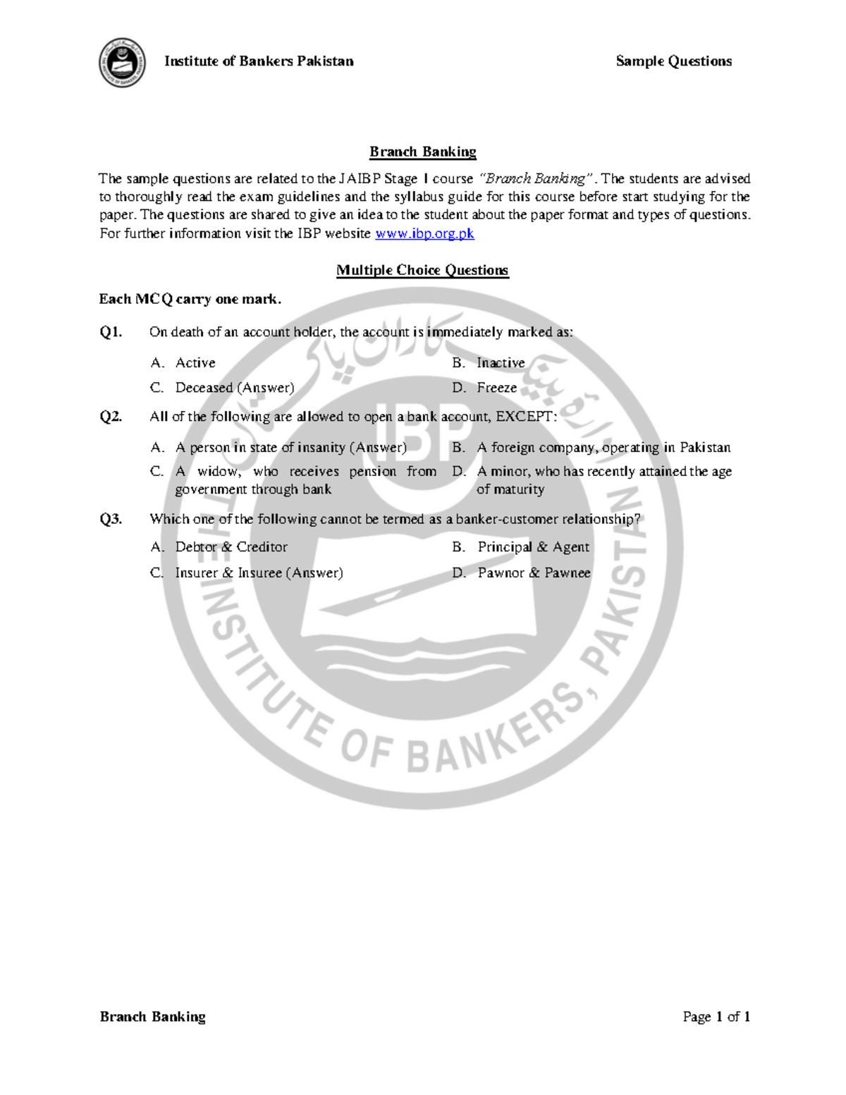 Branch-Banking-1 - Institute of Bankers Pakistan Sample Questions ...