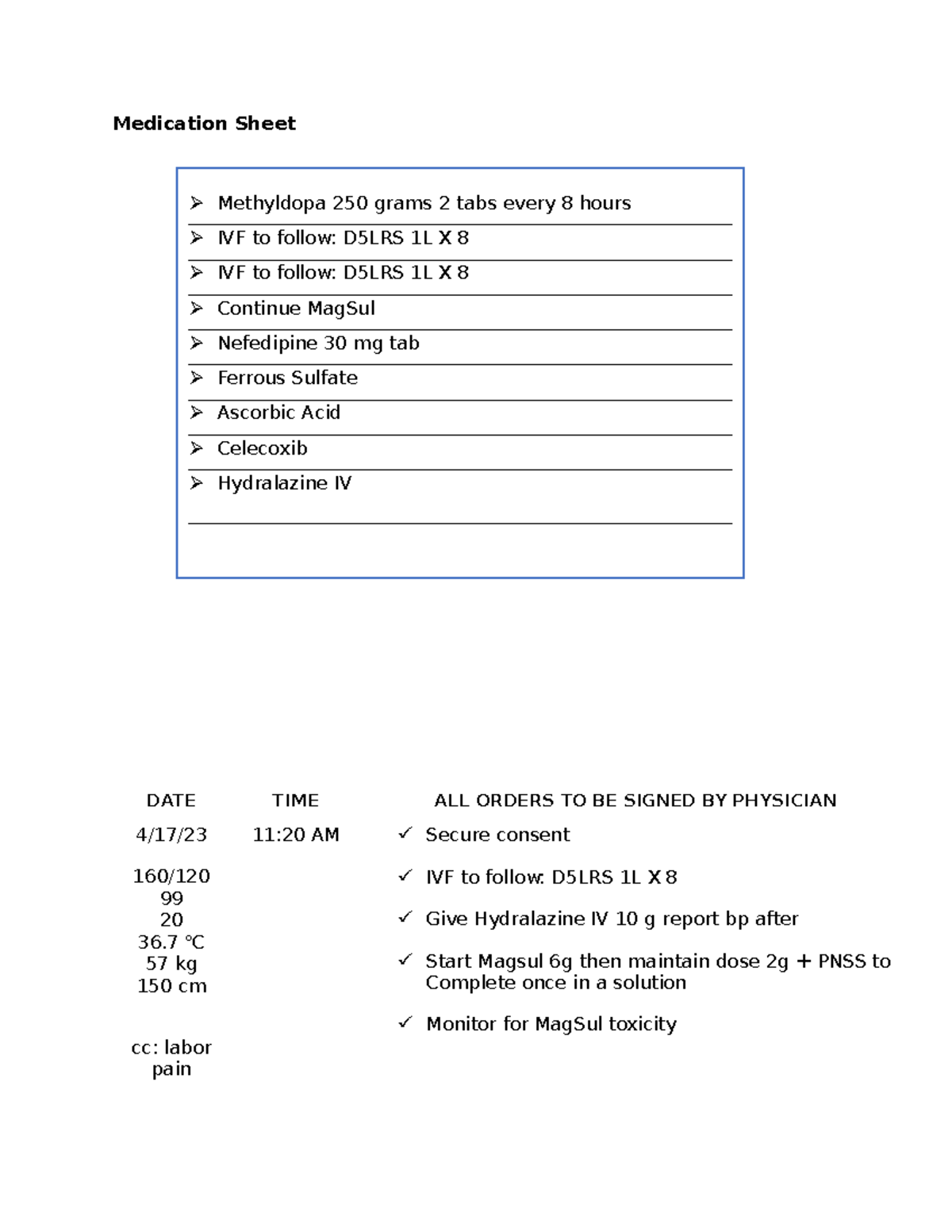 Medication Sheet - Medication Sheet DATE TIME ALL ORDERS TO BE SIGNED ...