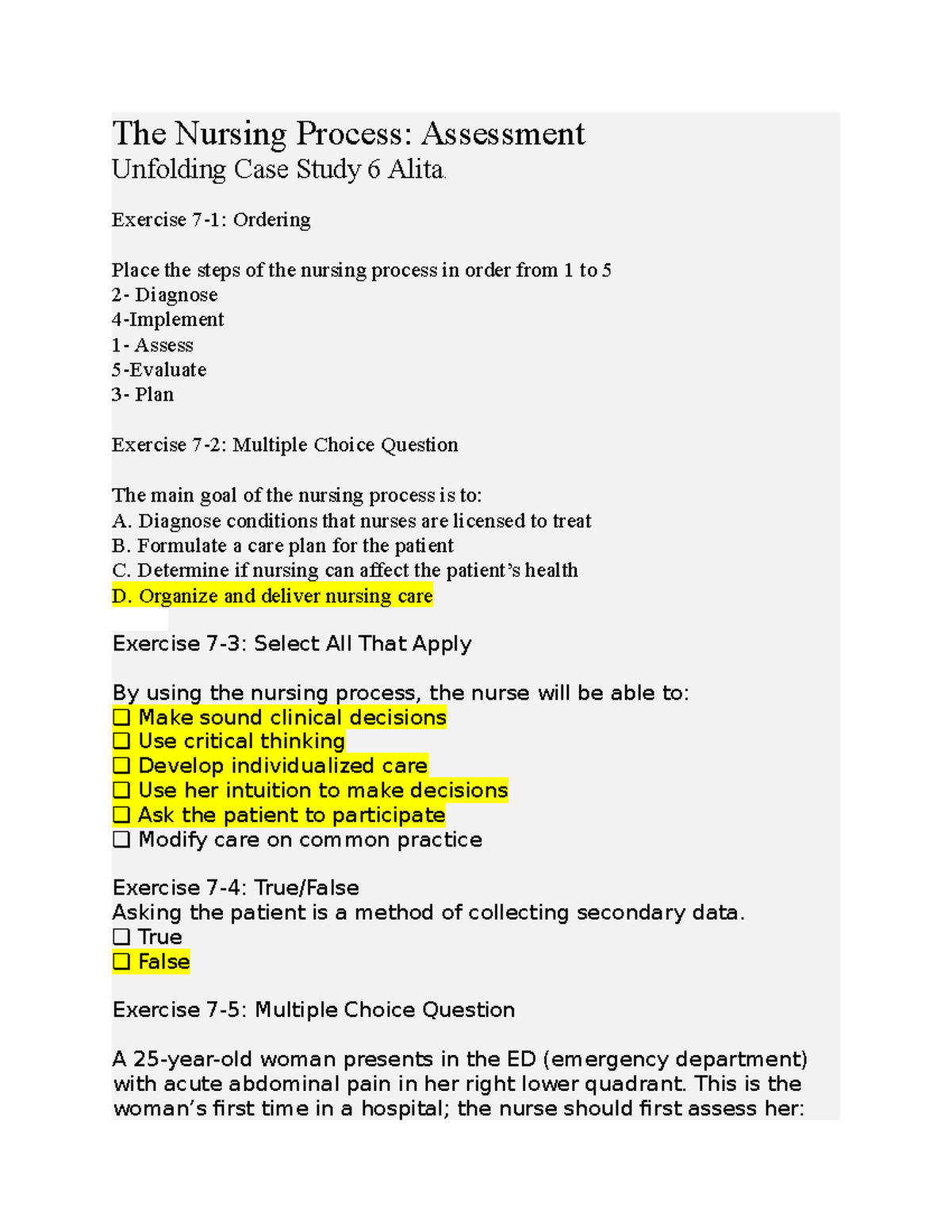 Case study A2 corrected - The Nursing Process: Assessment Unfolding ...