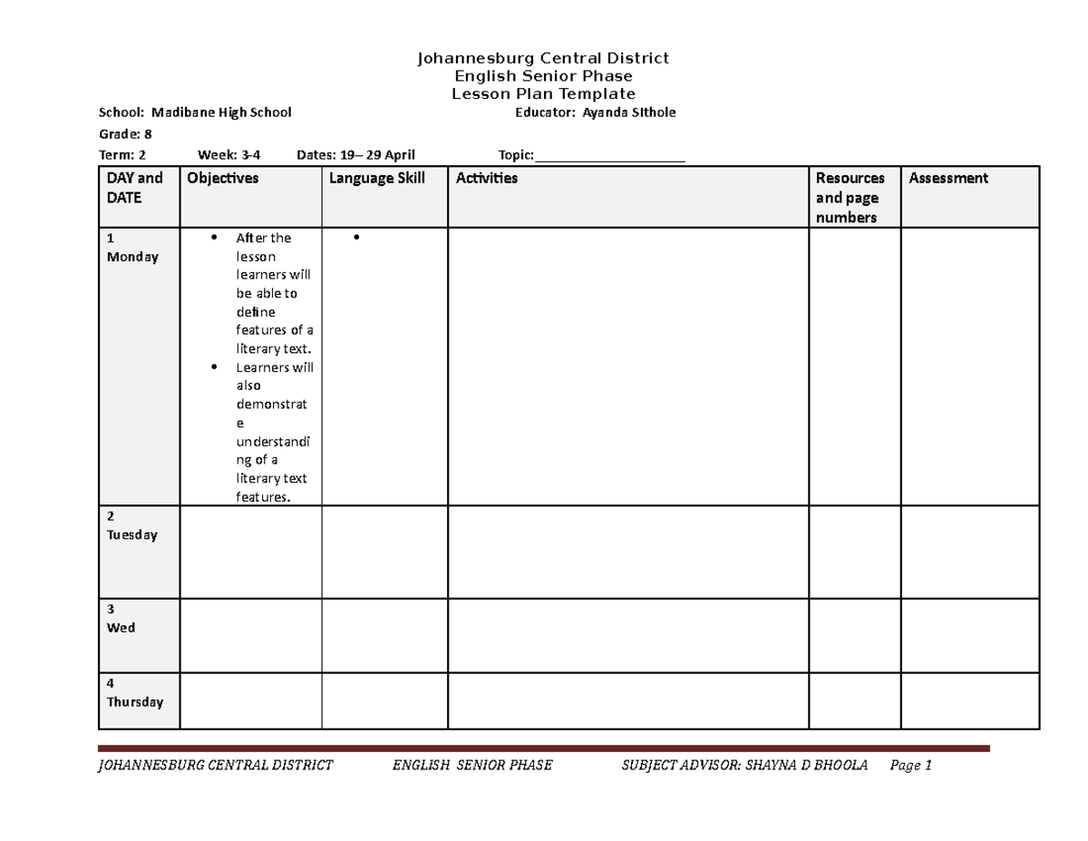 Lesson plan template - Johannesburg Central District English Senior ...