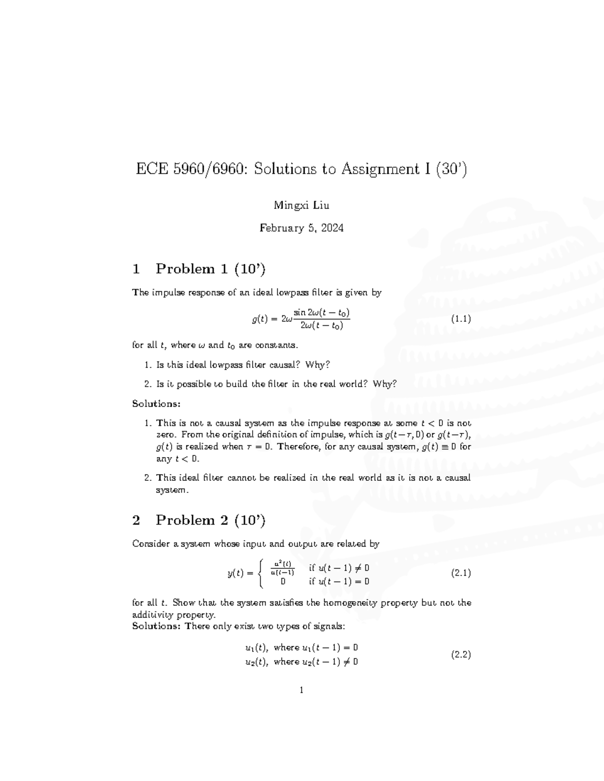 Linear Systems Assignment 1 Solution - ECE 5960/6960: Solutions to ...
