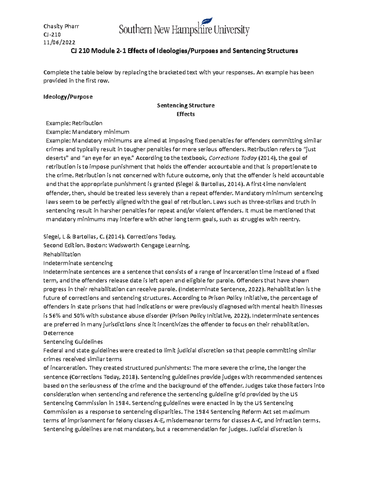 CJ 210 Module 2-1 Effects of Ideologies or Purposes and Sentencing Structures - Chasity Pharr CJ ...