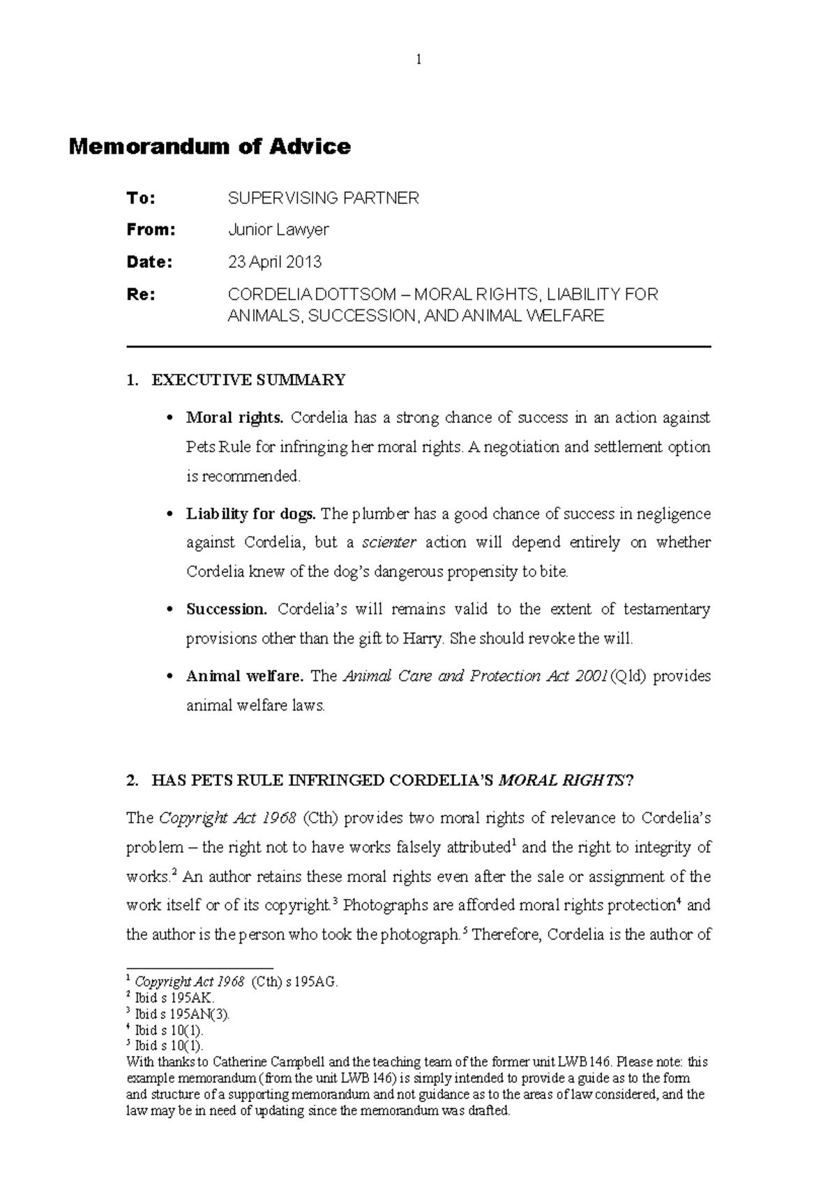 Memo of advice Example 1 - Memorandum of Advice To: SUPERVISING PARTNER ...