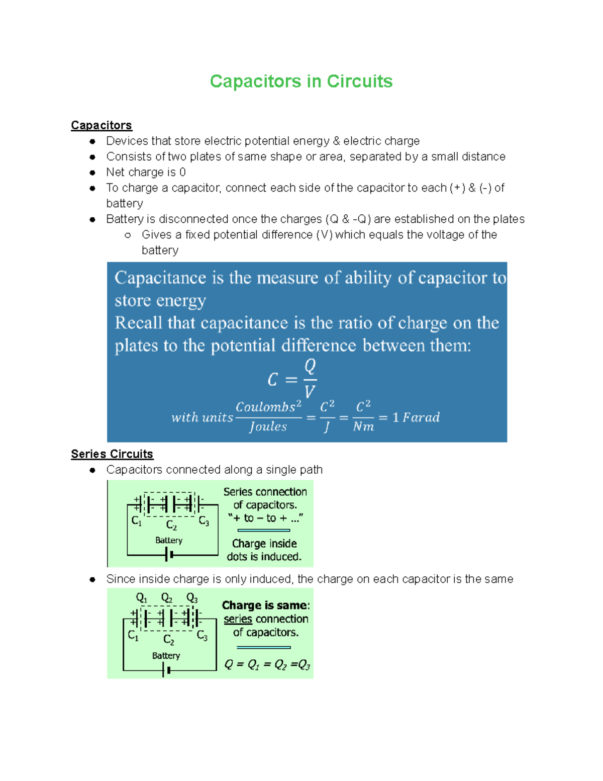Capacitors-2 - lecture notes - Capacitors in Circuits Capacitors ...