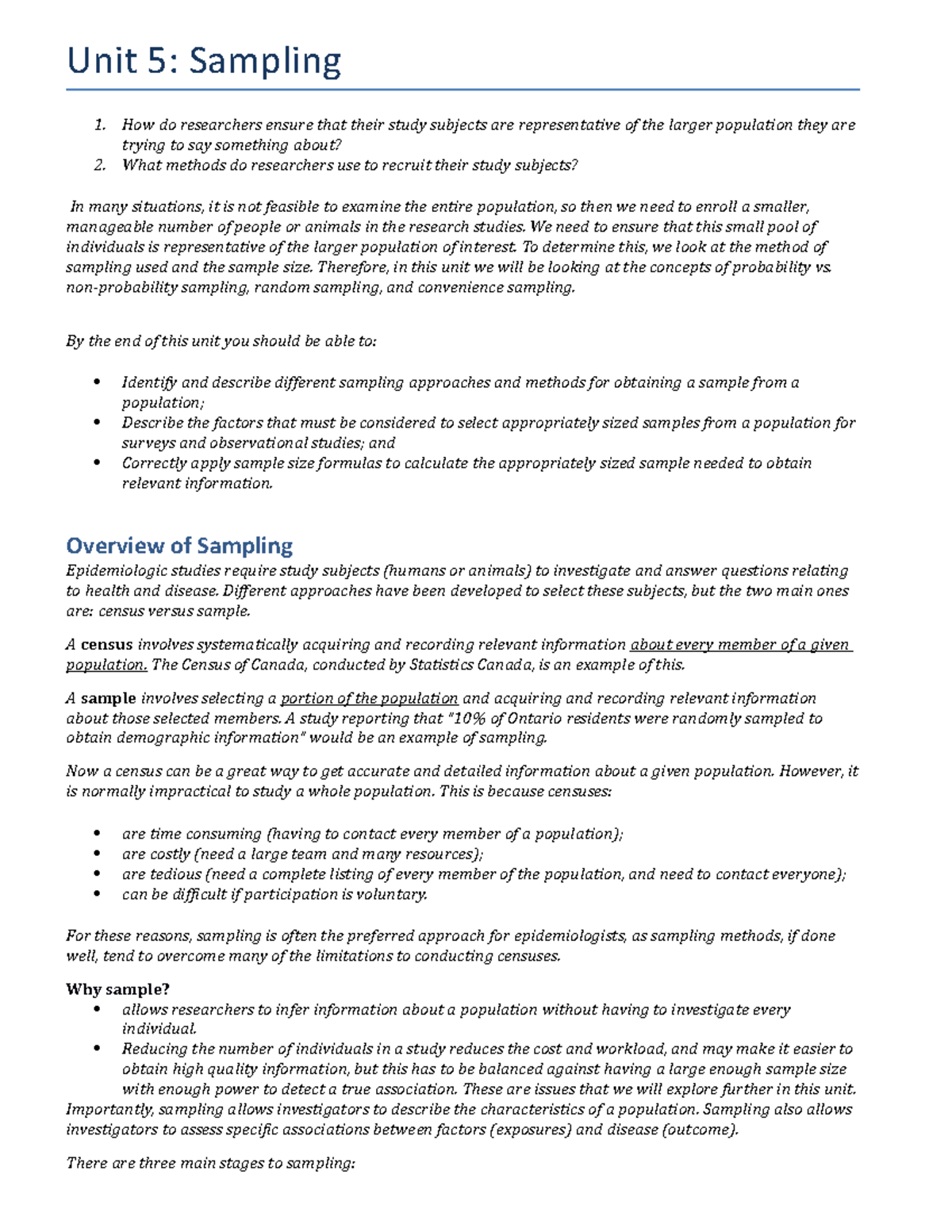 Epi unit 5 - Chapter summary for DE - Unit 5: Sampling 1. How do ...