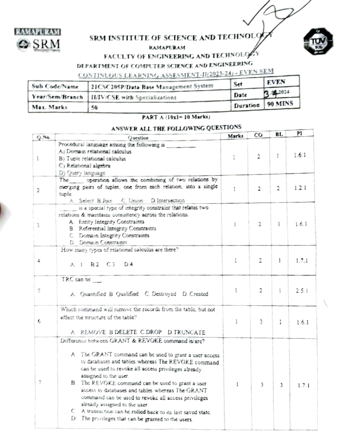 Dbms Cla 2 Cla 2 Question Paper For Dbms Srm Sub Codename Yearsembranch Maz Marks 1 2 3 7