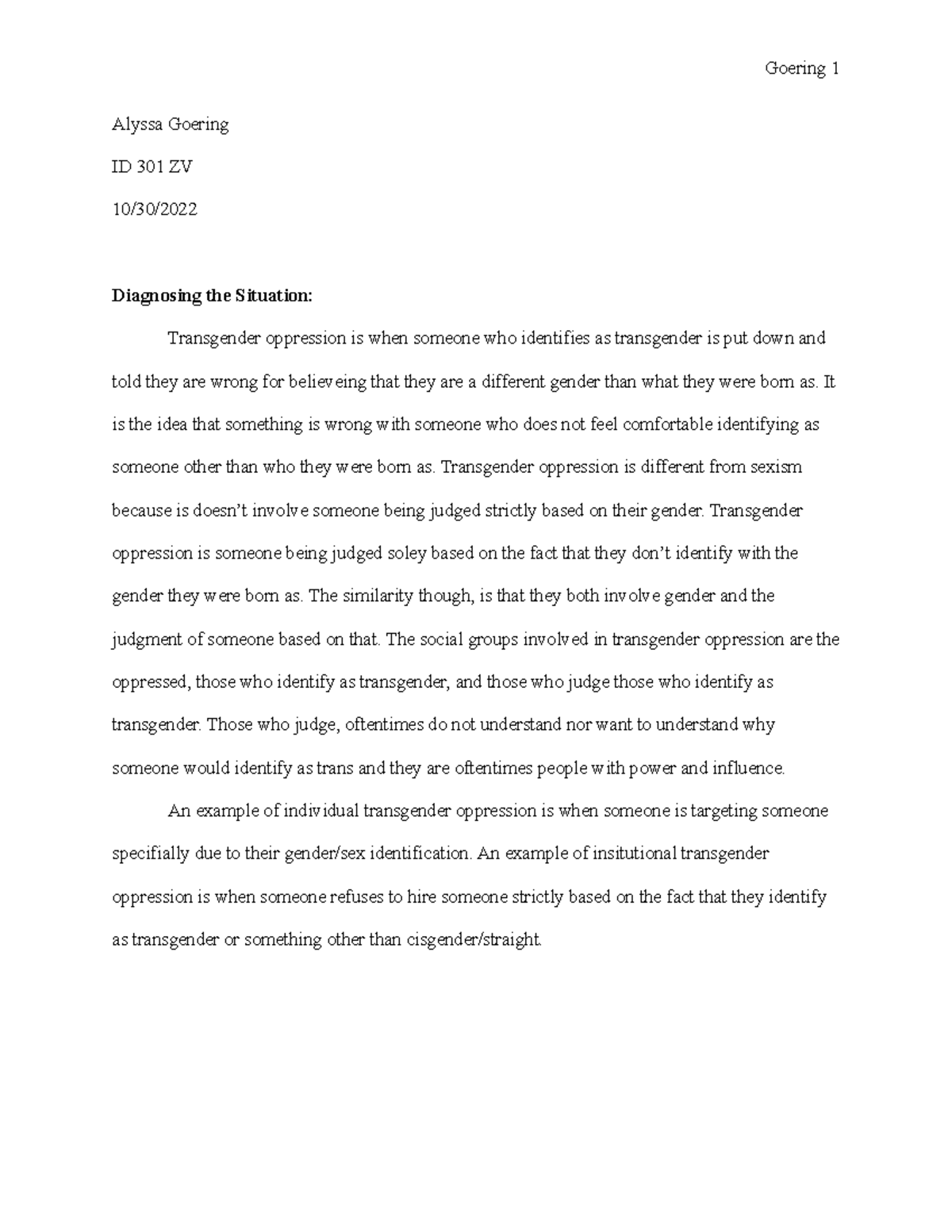 Transgender Oppression Action Plan - Goering 1 Alyssa Goering ID 301 ZV ...