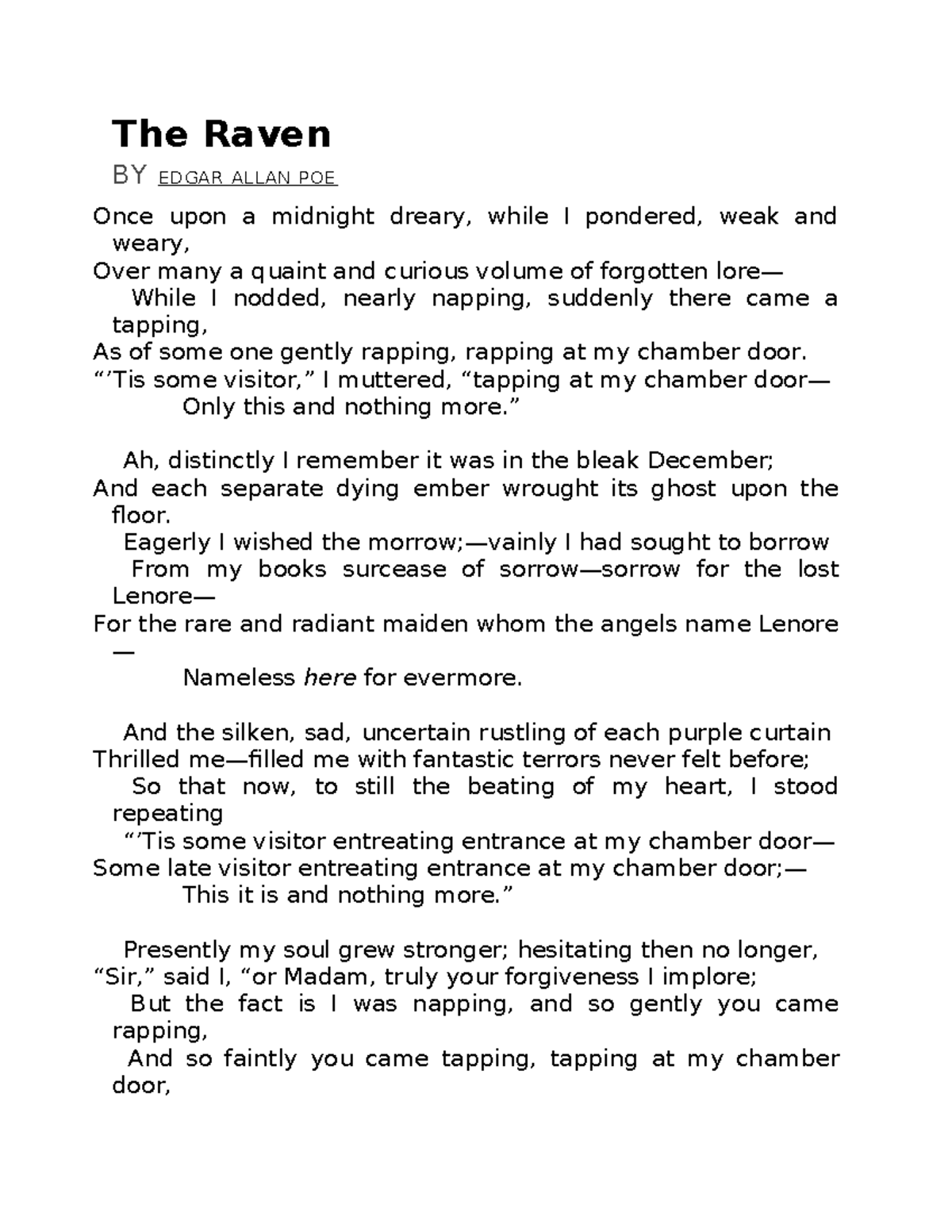 A-poem-about-a-raven-class 2015 - The Raven BY ED GA R A LLAN P OE Once ...