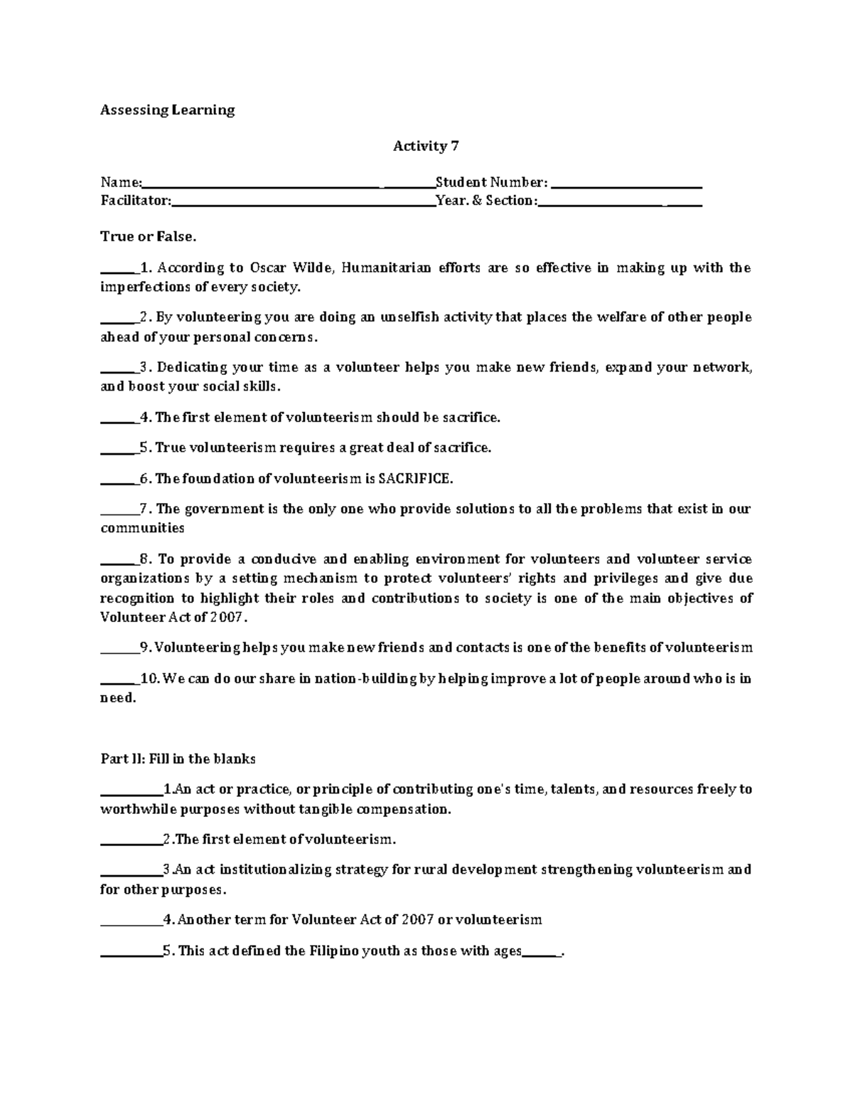 NSTP1 Activity 7 - Assessing Learning Activity 7 Name: _ Student Number ...
