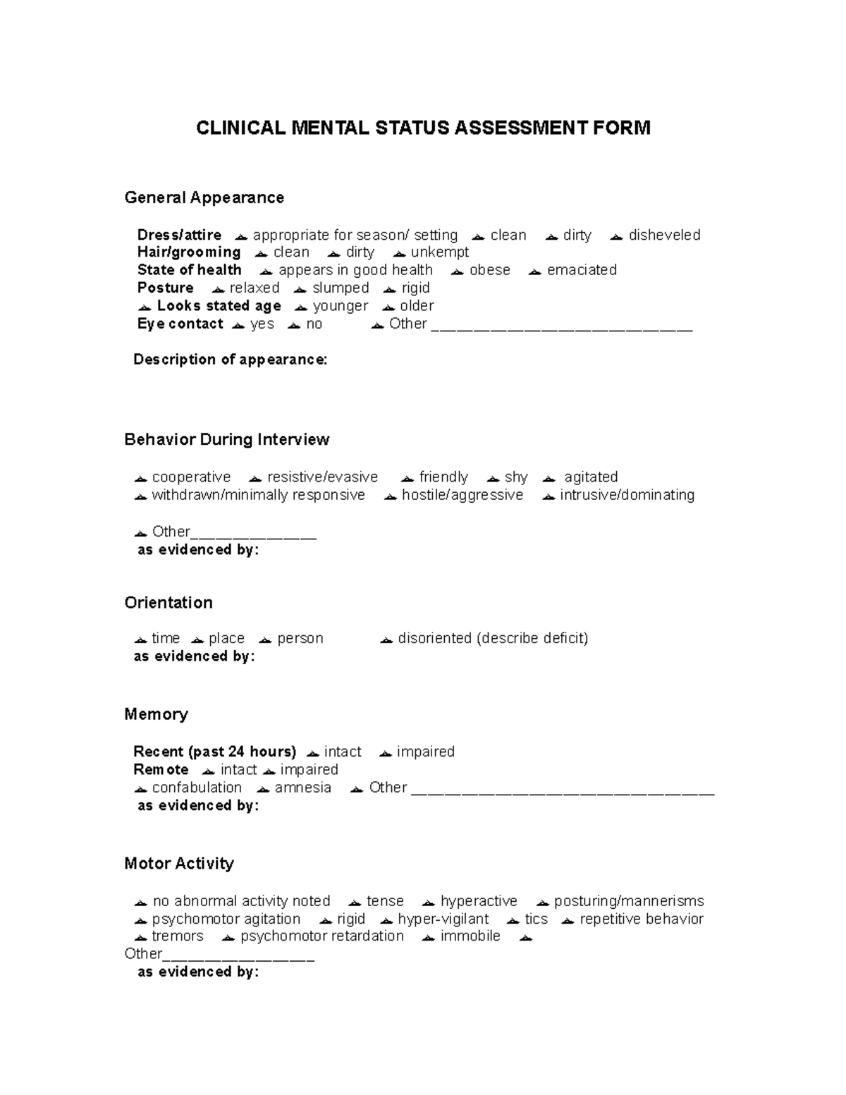Mental Status Assessment Form - CLINICAL MENTAL STATUS ASSESSMENT FORM ...