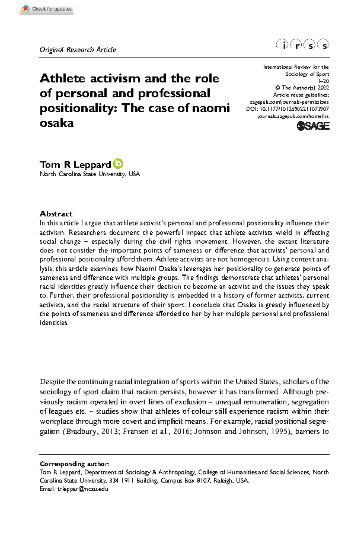 Naomi Osaka - Reading for assignment - Athlete activism and the role of ...