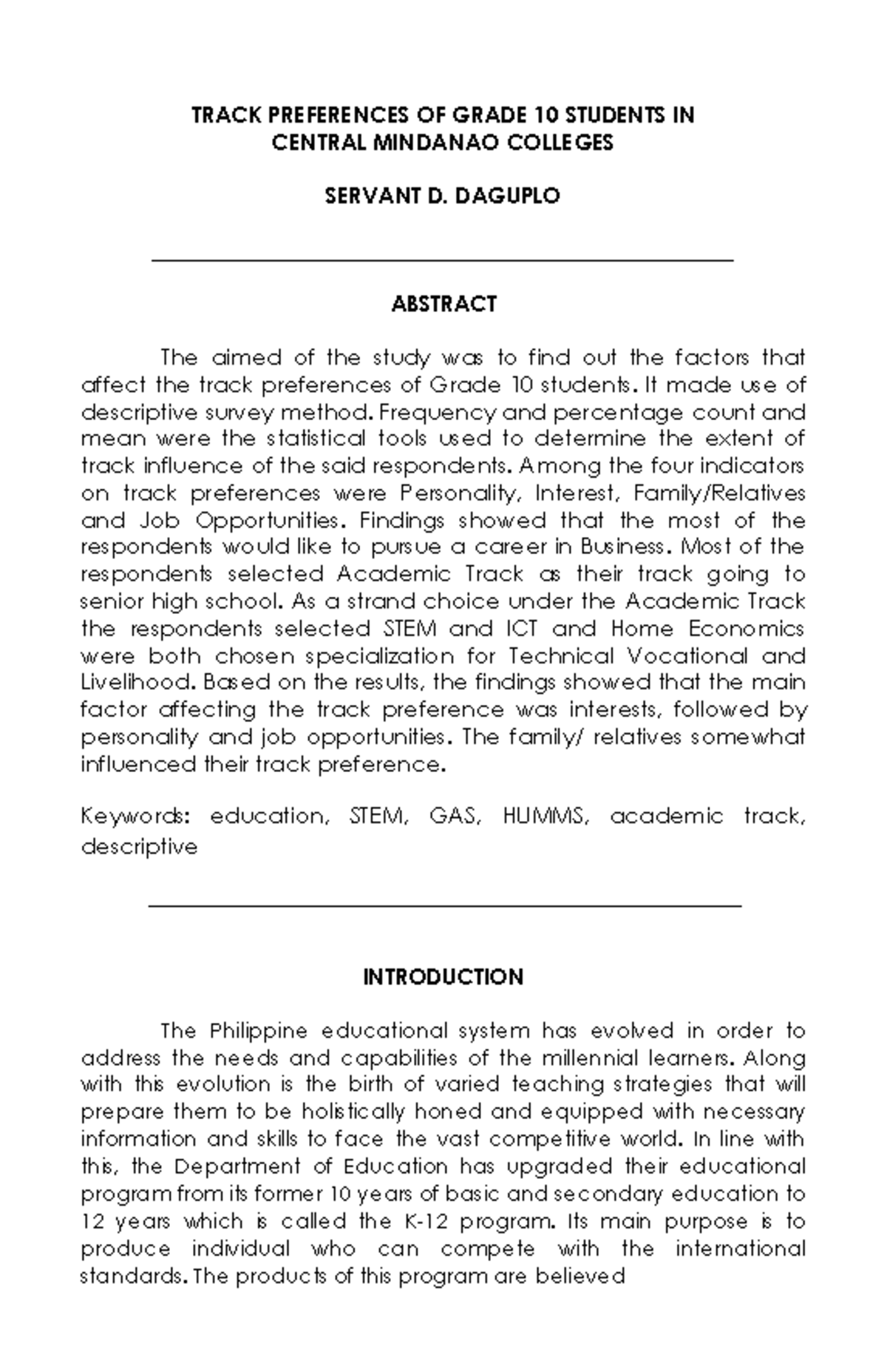 Track Preferences OF Grade 10 Students IN - TRACK PREFERENCES OF GRADE ...