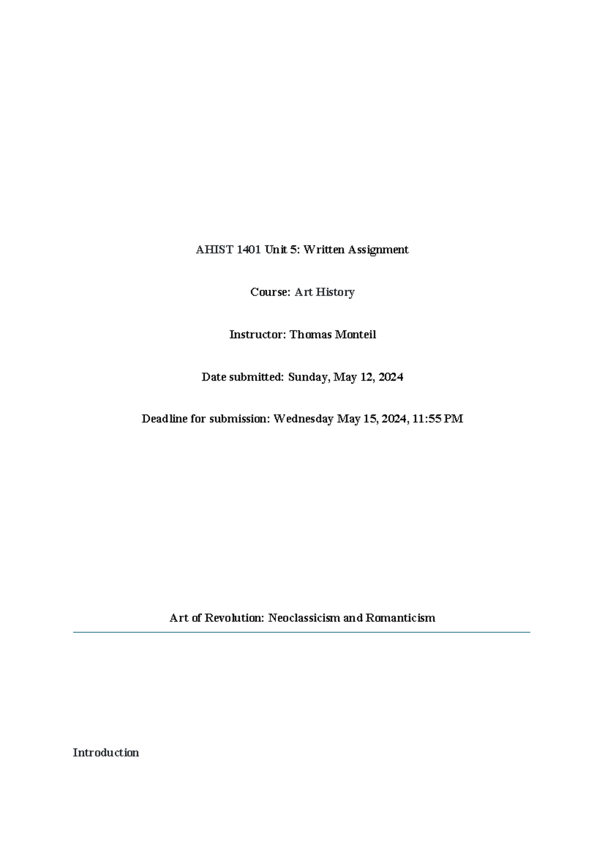 AHIST 1401 UNIT 5 Written Assignment Art History - AHIST 1401 Unit 5 ...