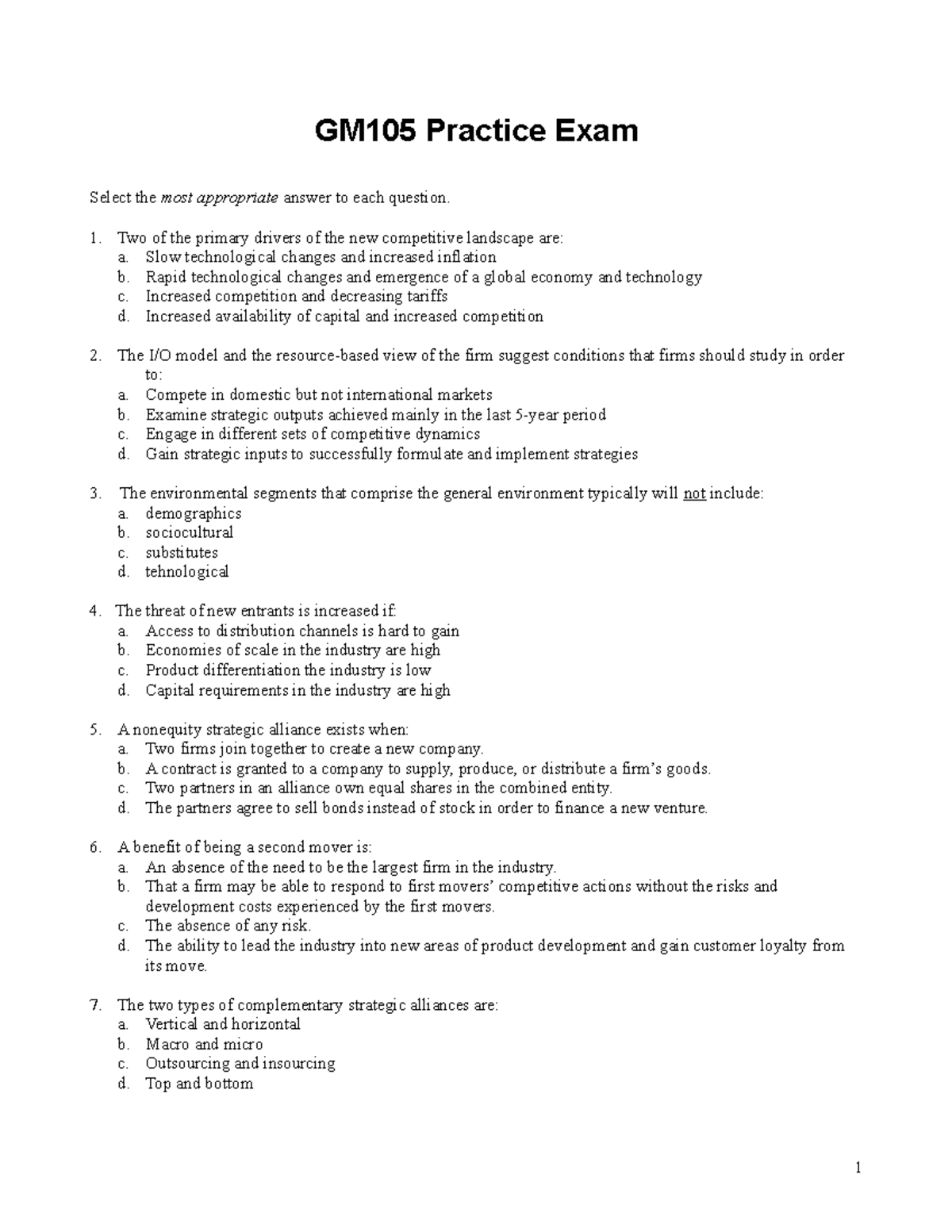 Practiceexam - exam - GM105 Practice Exam Select the most appropriate ...