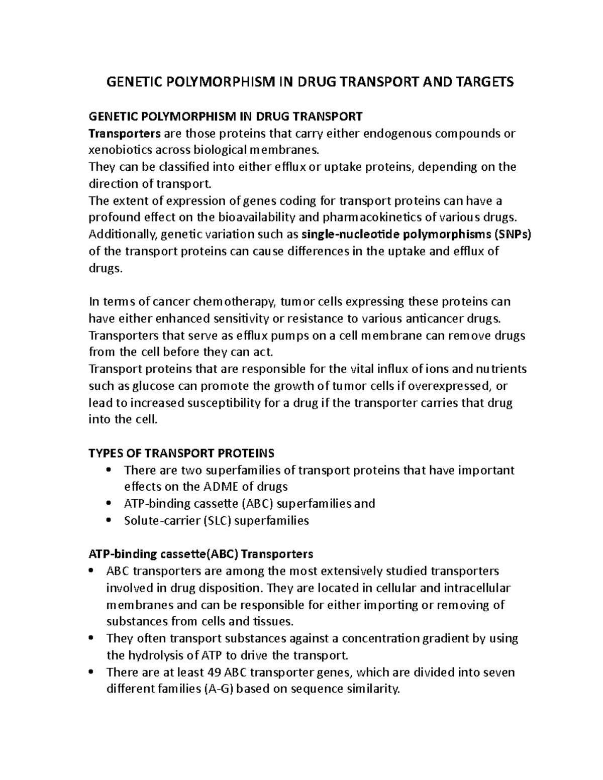 Genetic Polymorphism IN DRUG Transport AND Targets - GENETIC ...