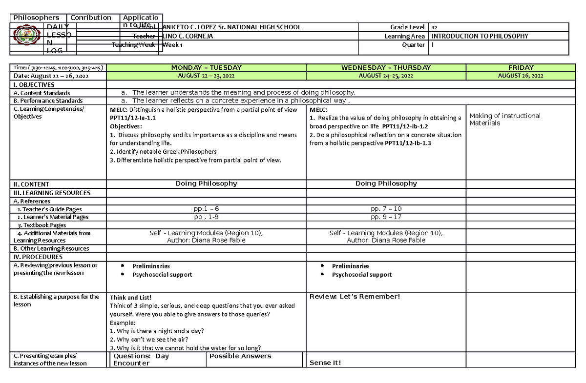 P HILO - WEEK 1 - lecture notes - DAILY LESSO N LOG School ANICETO C ...