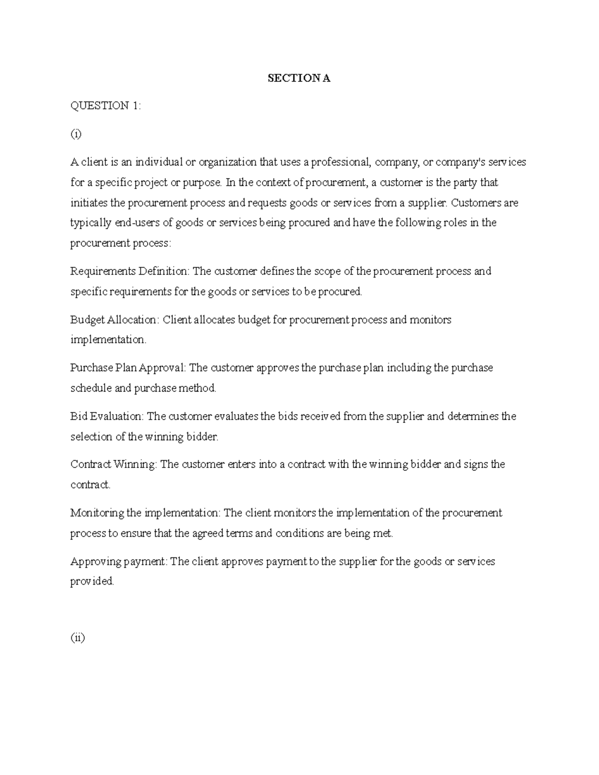 Procurement - fdbkfdbk - SECTION A QUESTION 1: (i) A client is an ...