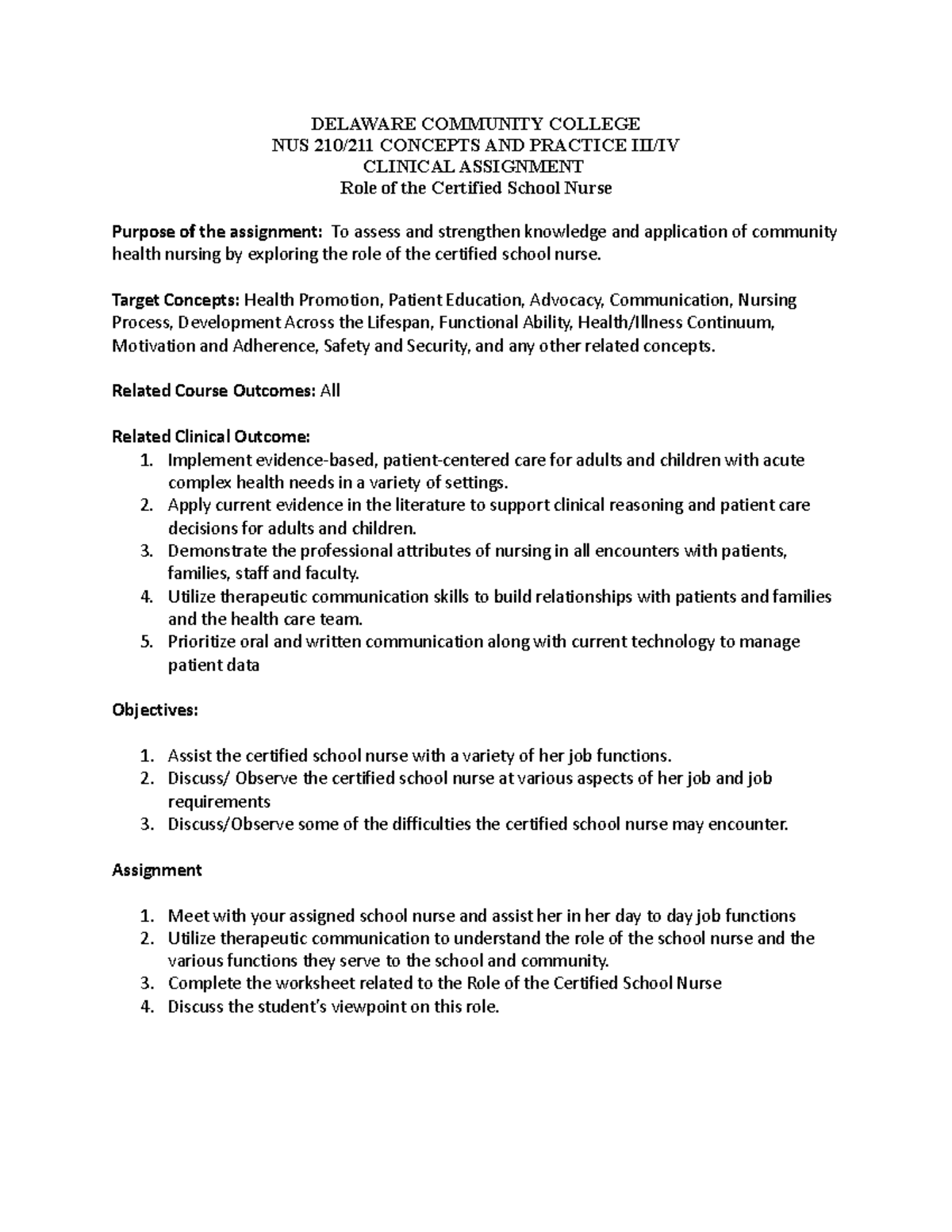 School Nurse assignment 11-9-23 - DELAWARE COMMUNITY COLLEGE NUS 210/ ...