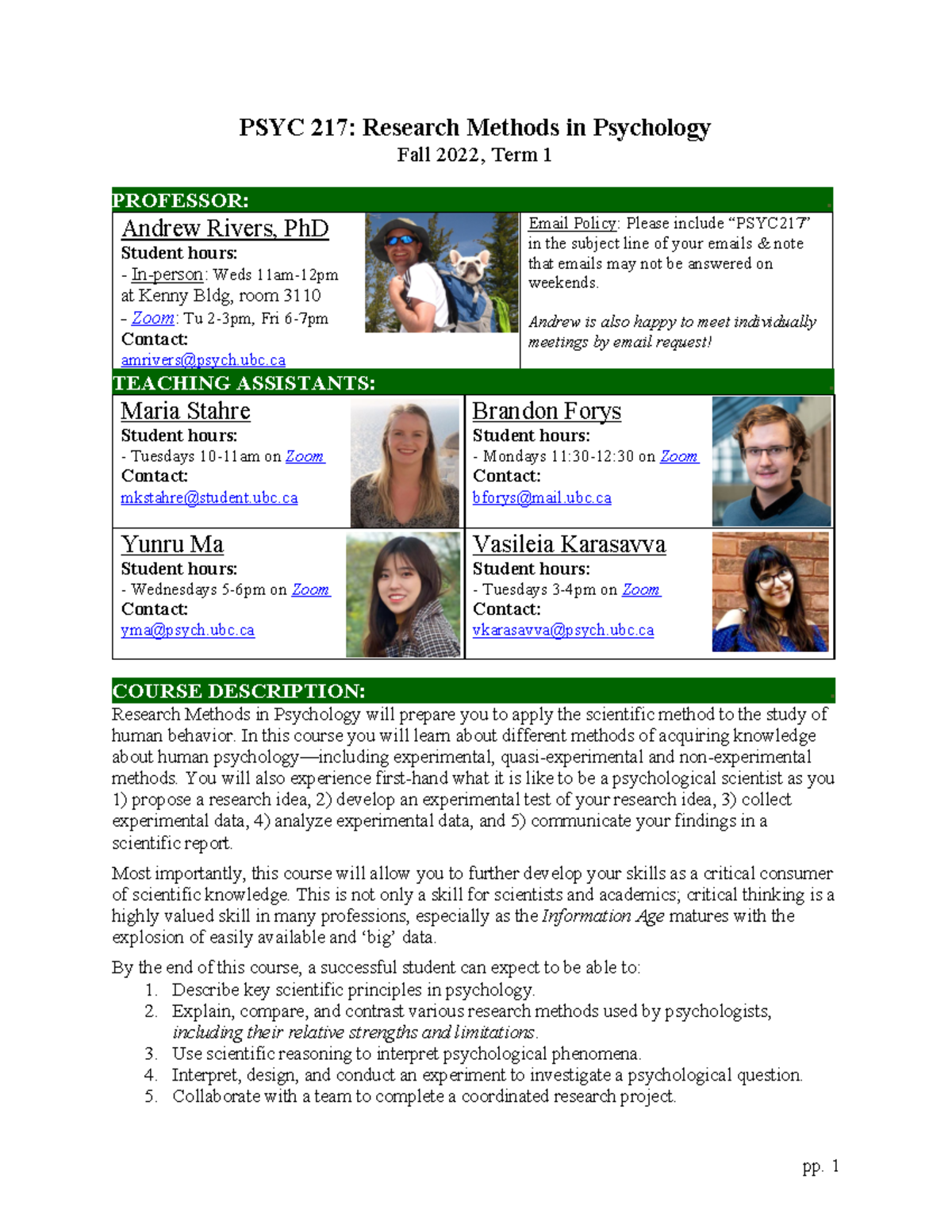 Syllabus 217 001 2022 - PSYC 217: Research Methods in Psychology Fall 2022, Term 1 PROFESSOR ...