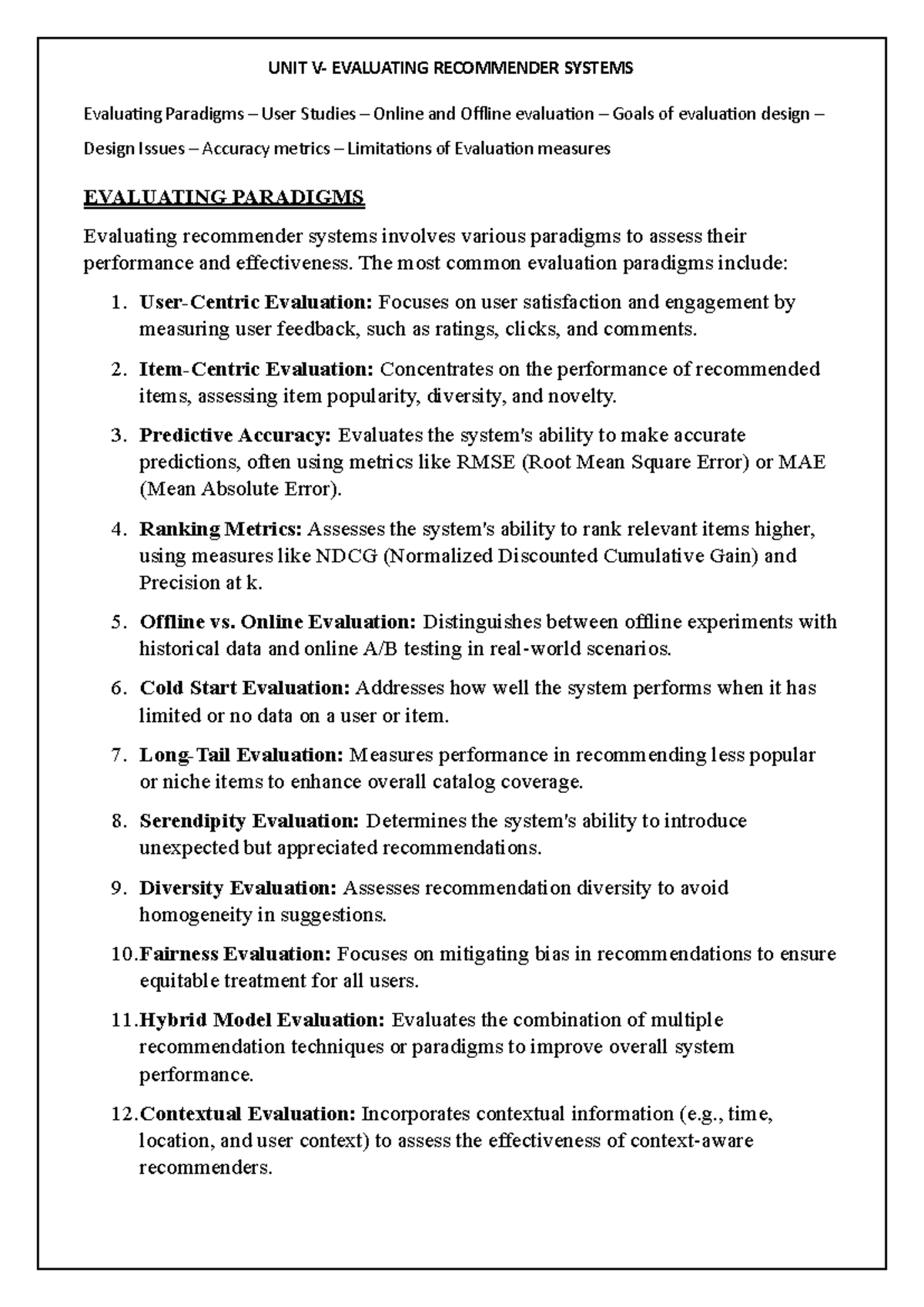 Unit V Summary Recommender System Unit V Evaluating Recommender Systems Evaluating