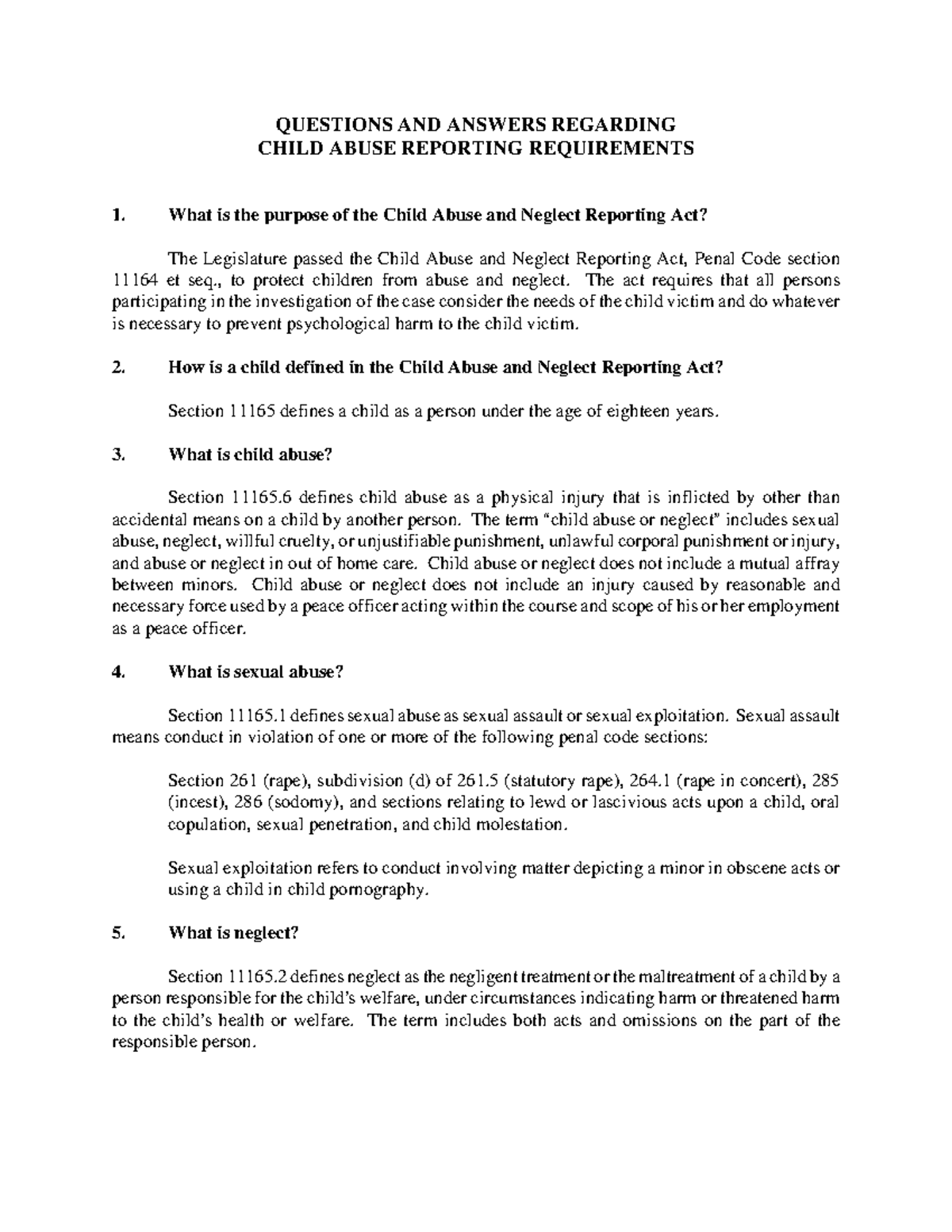 Child Abuse Reporting QA - QUESTIONS AND ANSWERS REGARDING CHILD ABUSE ...