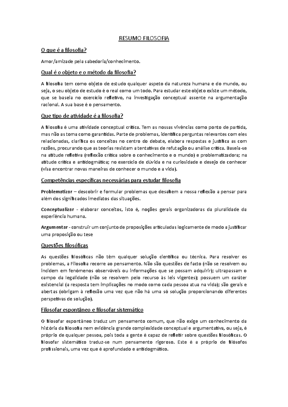 Filosofia Resumo - RESUMO FILOSOFIA O que é a filosofia? Amor/amizade ...