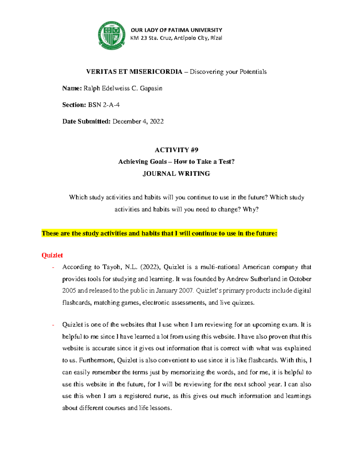 GAPASIN_Activity #9 How to Take a Test (Journal Writing) - OUR LADY OF ...