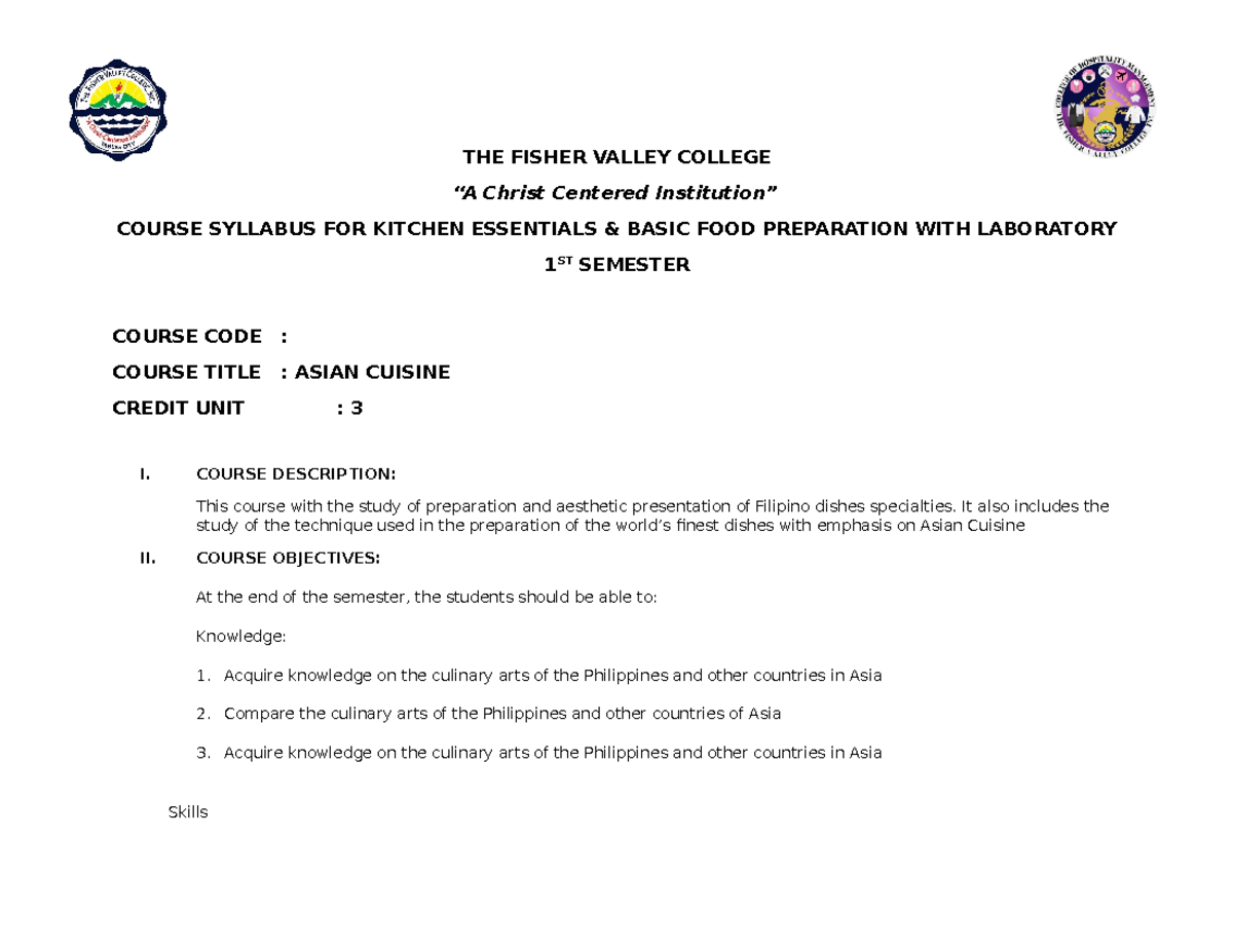 Asian Cuisine - Course Syllabus - THE FISHER VALLEY COLLEGE “A Christ ...