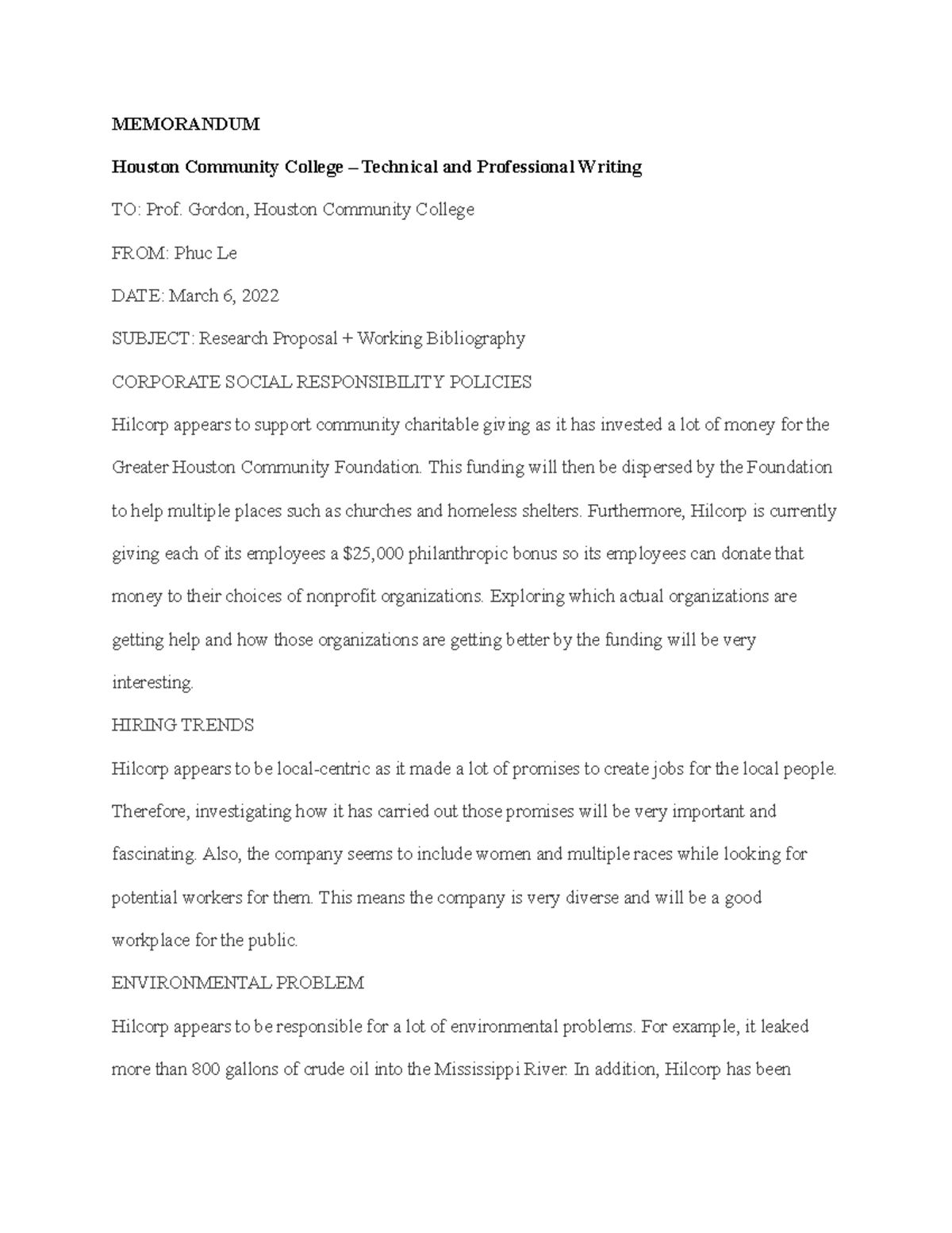 Research Proposal and Memo Working Bibliography ENGL 2311 - MEMORANDUM ...