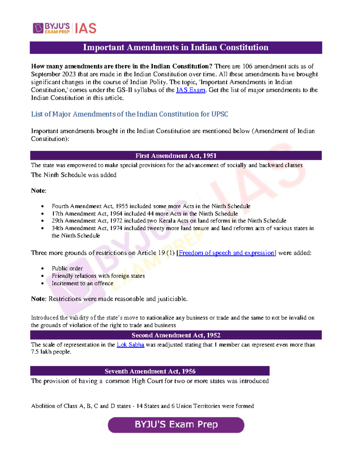 Important Amendments in Indian Constitution - All these amendments have ...