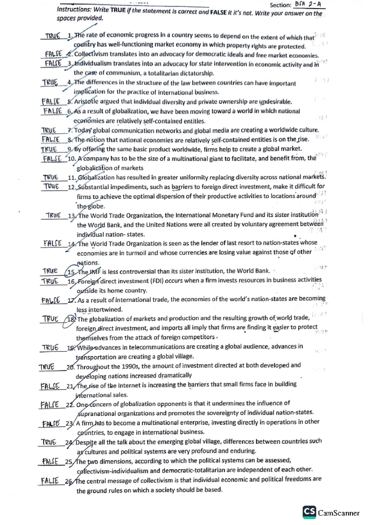 True or False - IBT - Section: BSA Instructions: Write TRUE if the ...