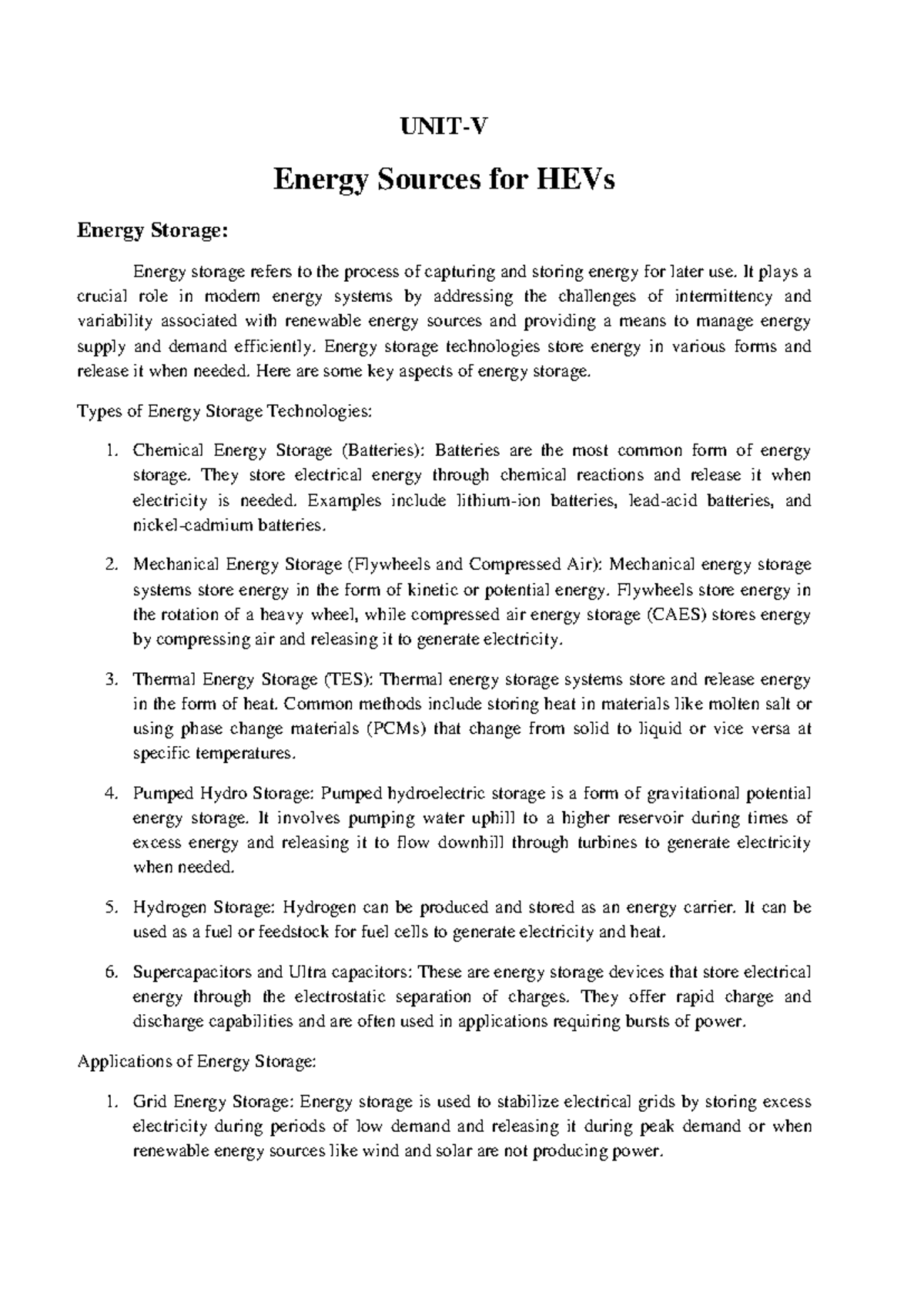 Unit-V - FEV 5th unit - UNIT-V Energy Sources for HEVs Energy Storage: Energy storage refers to ...