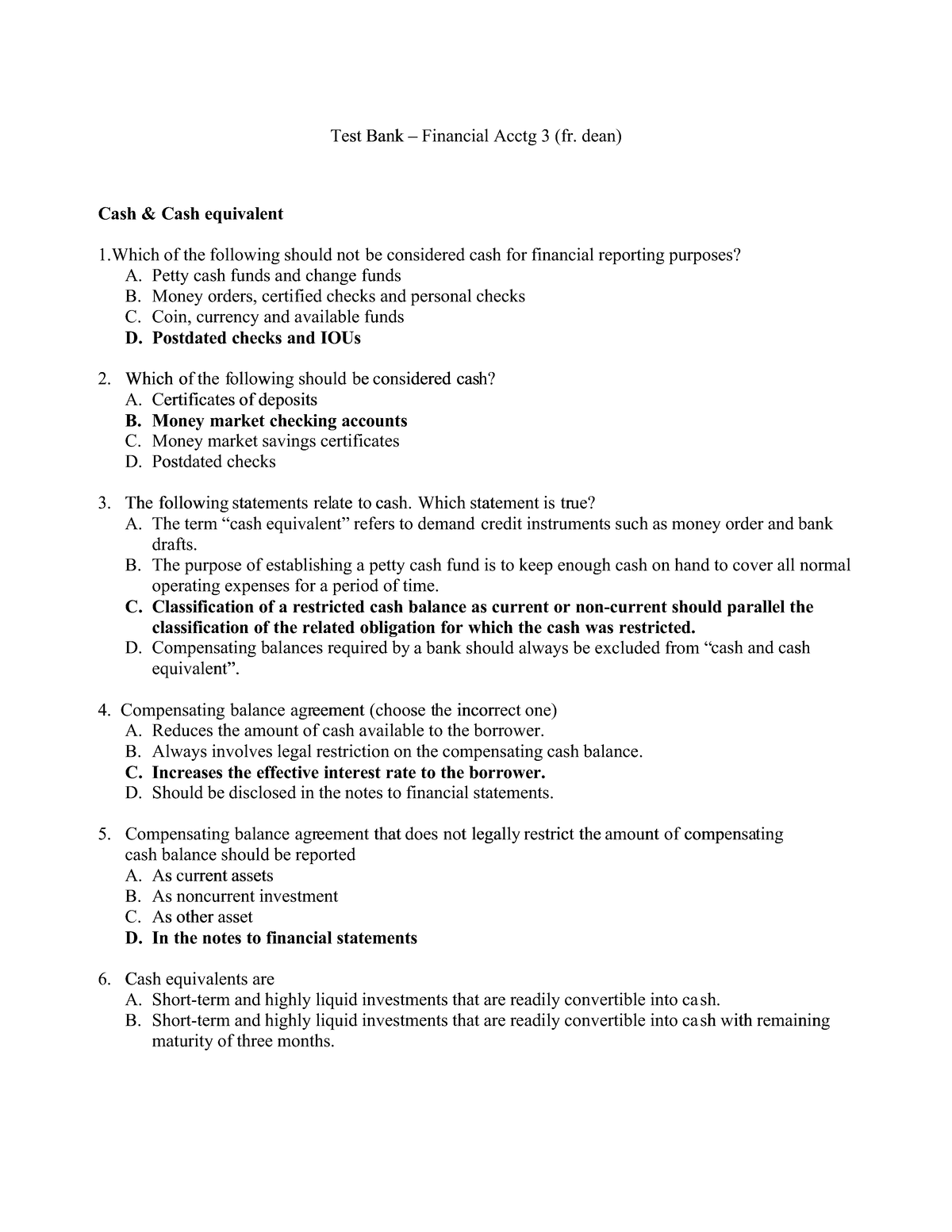 Cash Equivalent Test Bank (Illustrative) - Test BankTest Bank ...