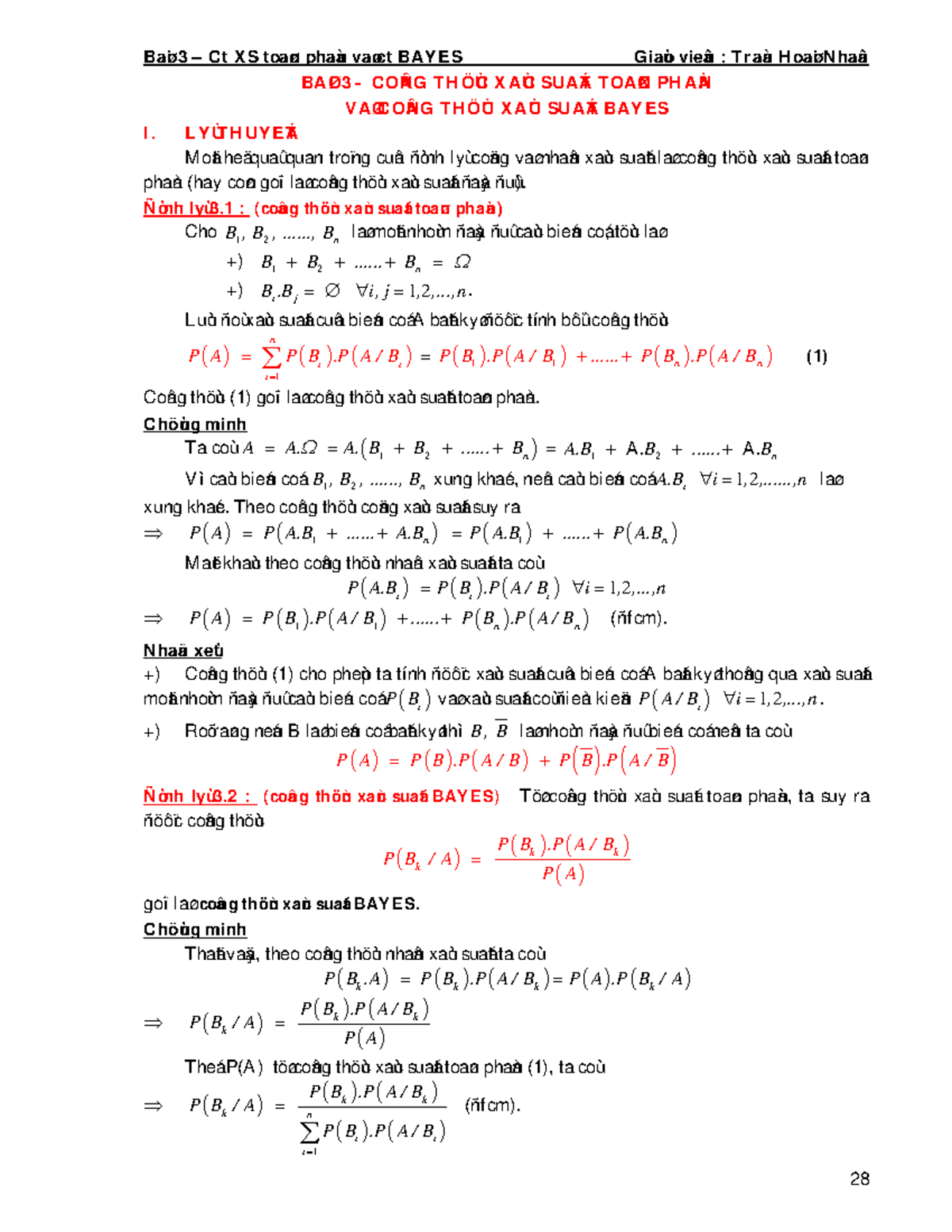 Bai 3 - Cong thuc XS toan phan va cong thuc Bayes - BA ØI 3 - C OÂNG T H ÖÙC X AÙC SUAÁT T OAØN ...