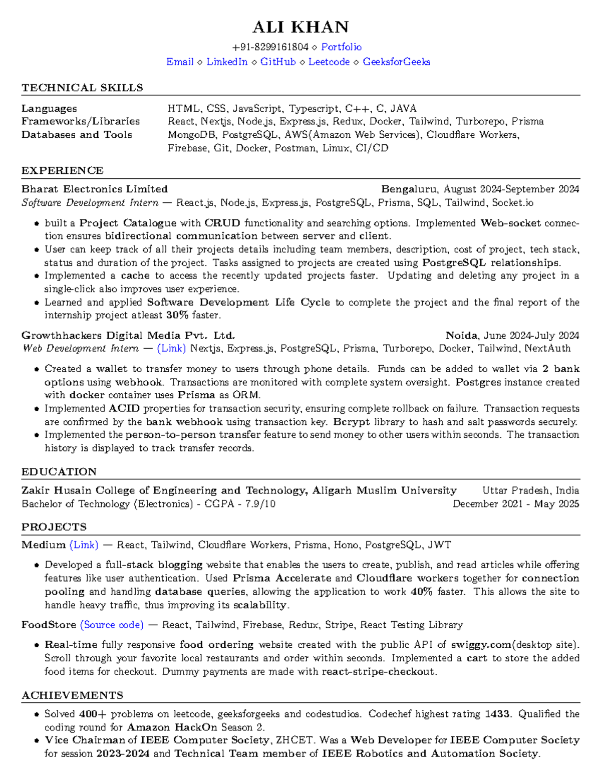 Resume 2 - ALI KHAN +91-8299161804 ⋄ Portfolio Email ⋄ LinkedIn ⋄ GitHub ⋄ Leetcode ⋄ ...