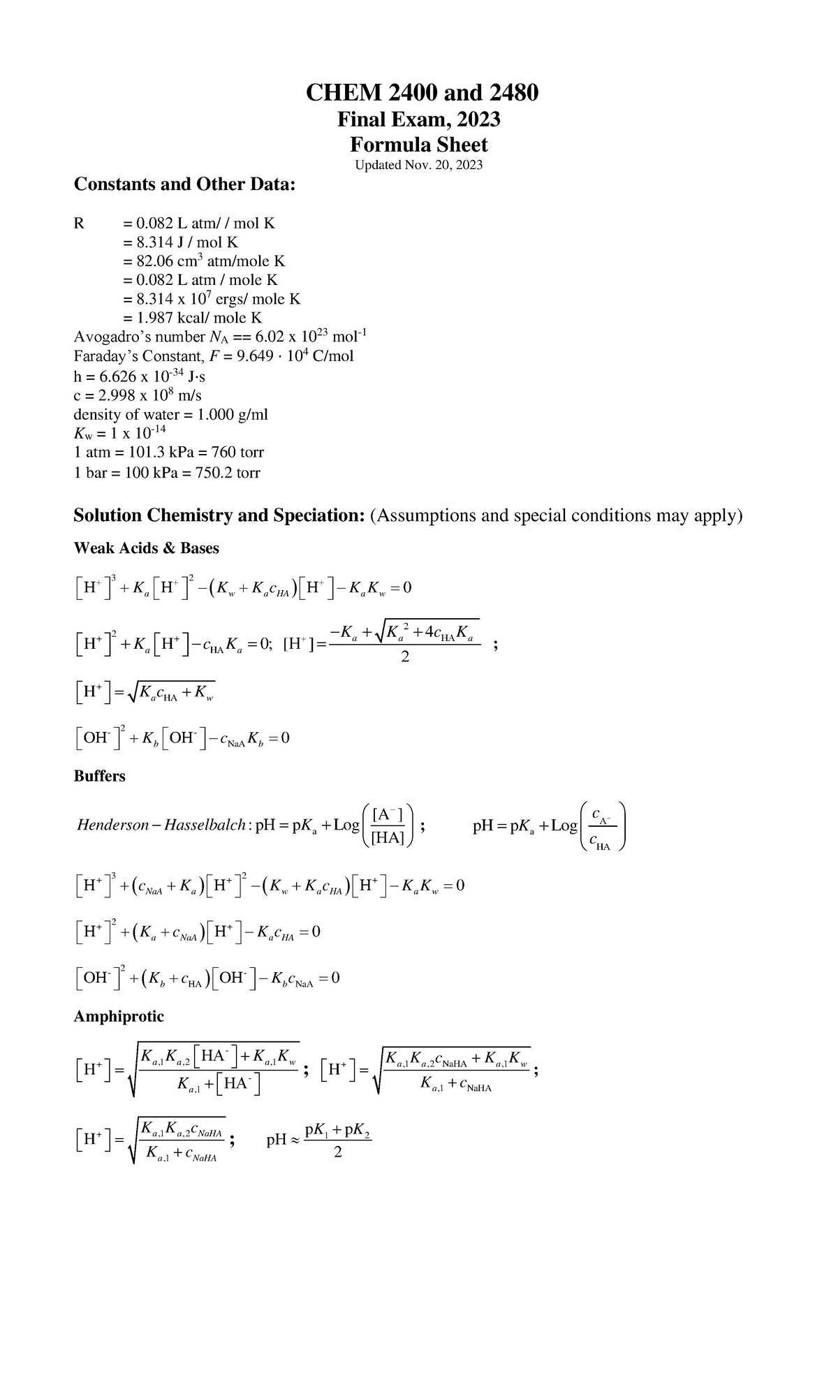 CHEM 2400 2480 Formula Sheet Final Exam 2023 11 20a - CHEM 2400 and 2480 Final Exam, 2023 ...