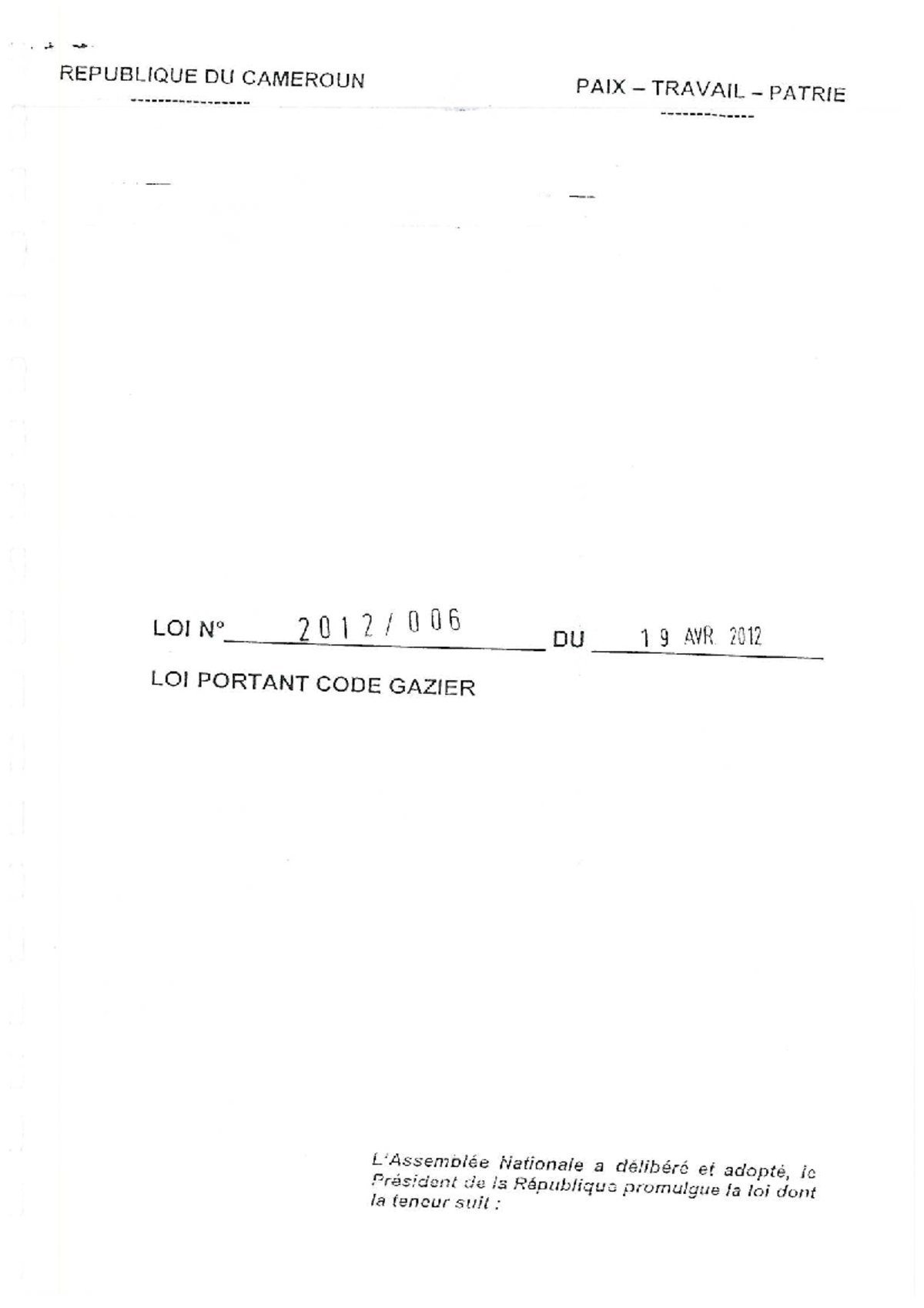 loi n° 2012/066 du 19 avril 2012 portant Code Gazier de la République ...