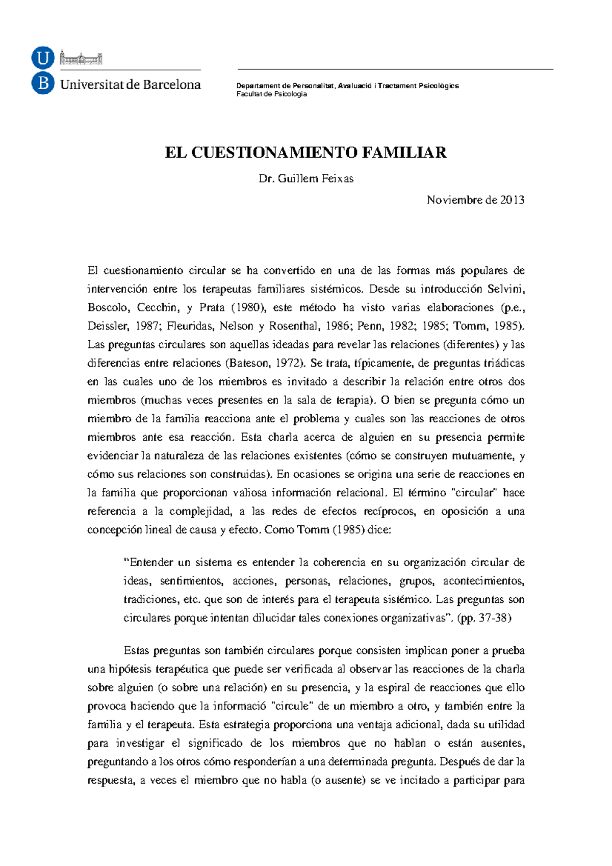 EL Cuestionamiento Familiar (Circular). Feixas (2013 ) - EL CUESTIONAMIENTO FAMILIAR Dr. Guillem ...