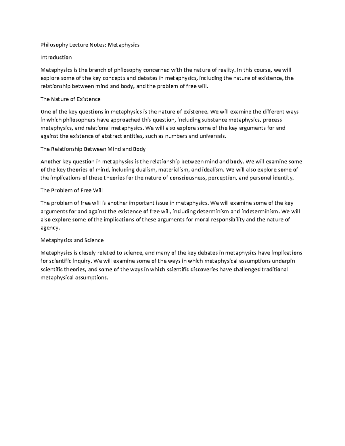 Phil notes - Philosophy Lecture Notes: Metaphysics Introduction ...