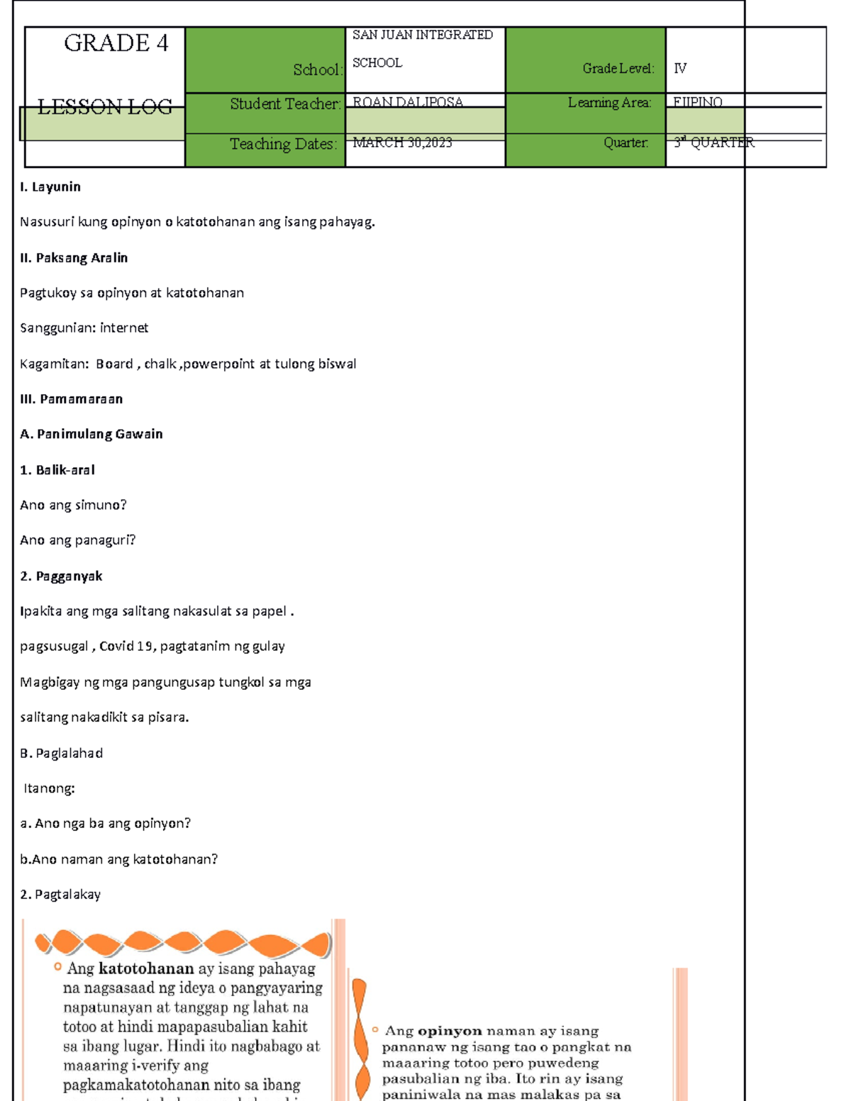 Filipino march 30 - lesson plan - I. Layunin Nasusuri kung opinyon o ...