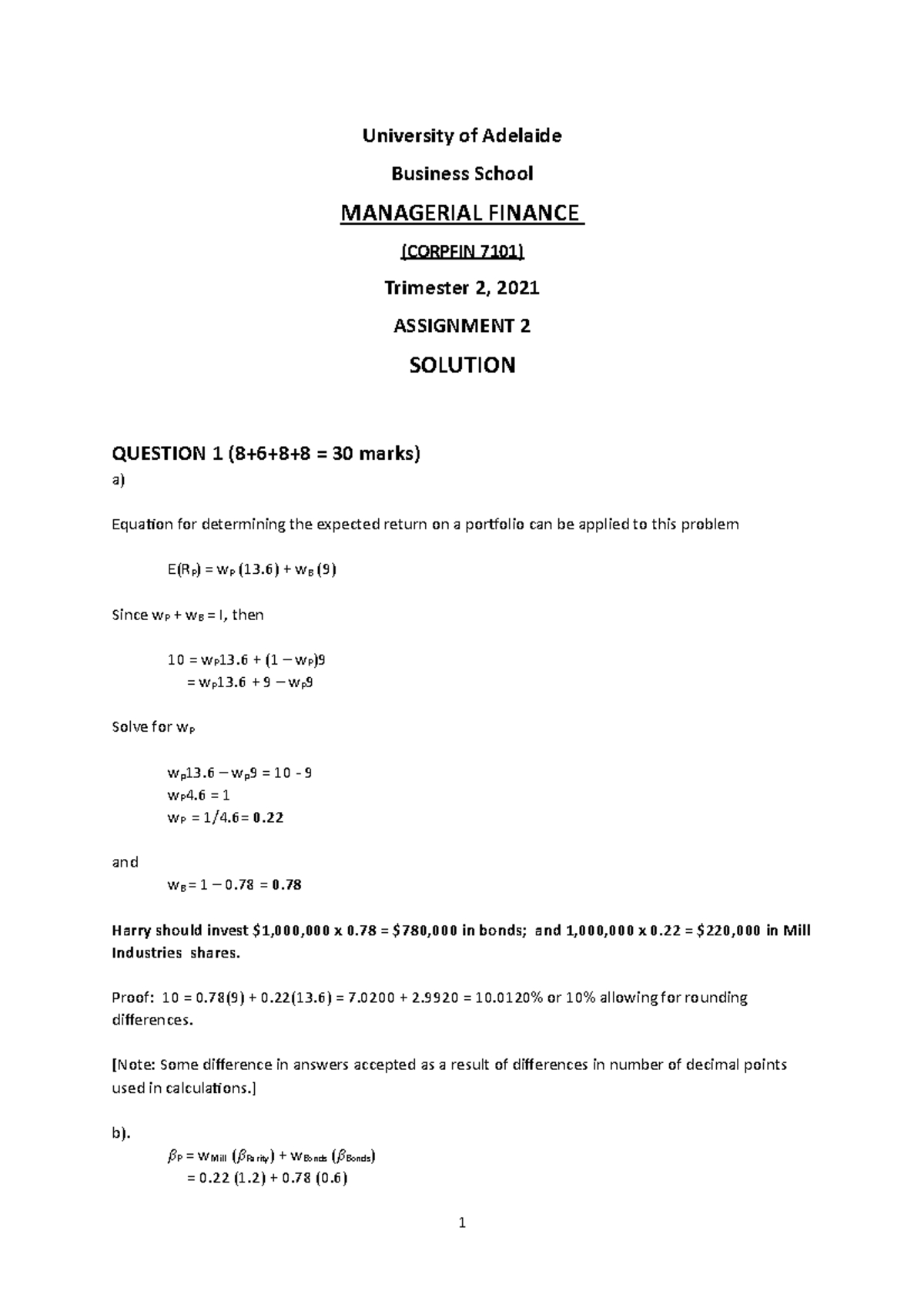 MF - Solution - Assignment 2 - Tri 2 - revised - University of Adelaide Business School ...