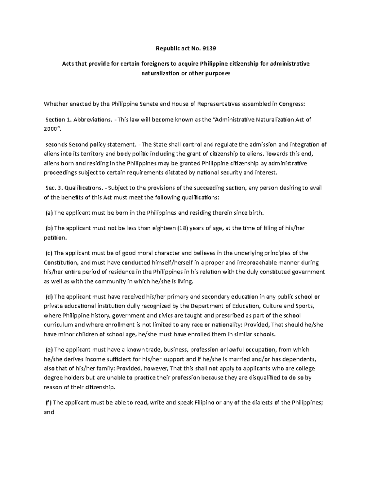 Republic act No 9139 - human rights - Republic act No. 9139 Acts that ...