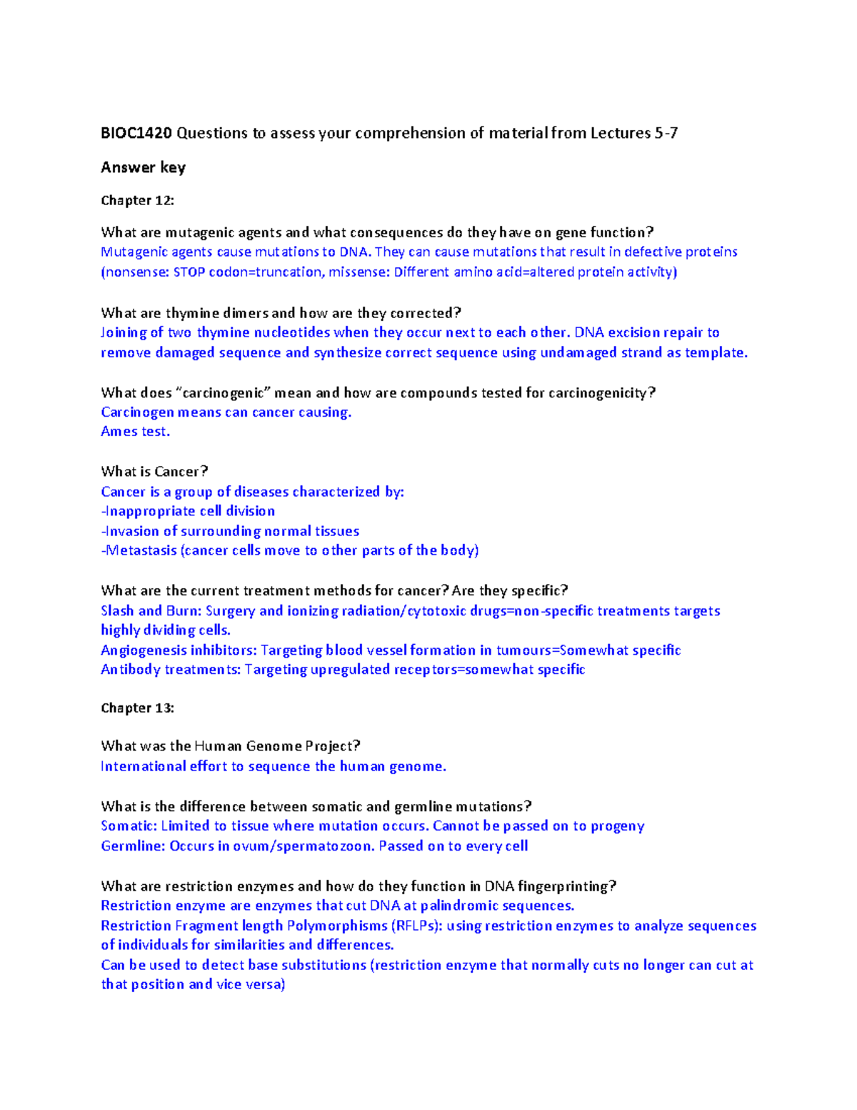 Comprehension Assessment Lectures 5-7 2022 Answers - BIOC1420 Questions to assess your ...