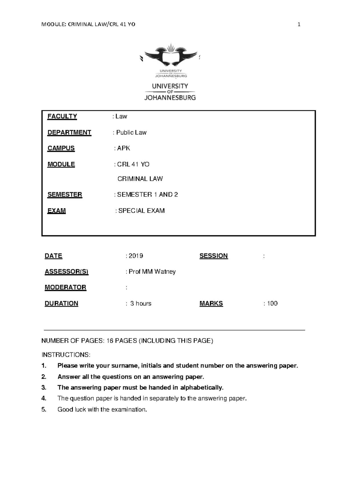 Third Paper 2019 Criminal LAW - FACULTY : Law DEPARTMENT : Public Law ...