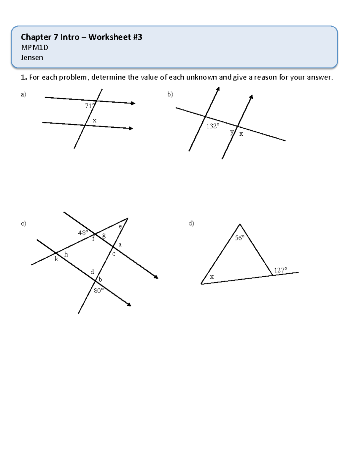 Intro+worksheet+3 angles - Chapter 7 Intro – Worksheet MPM1D Jensen 1 ...