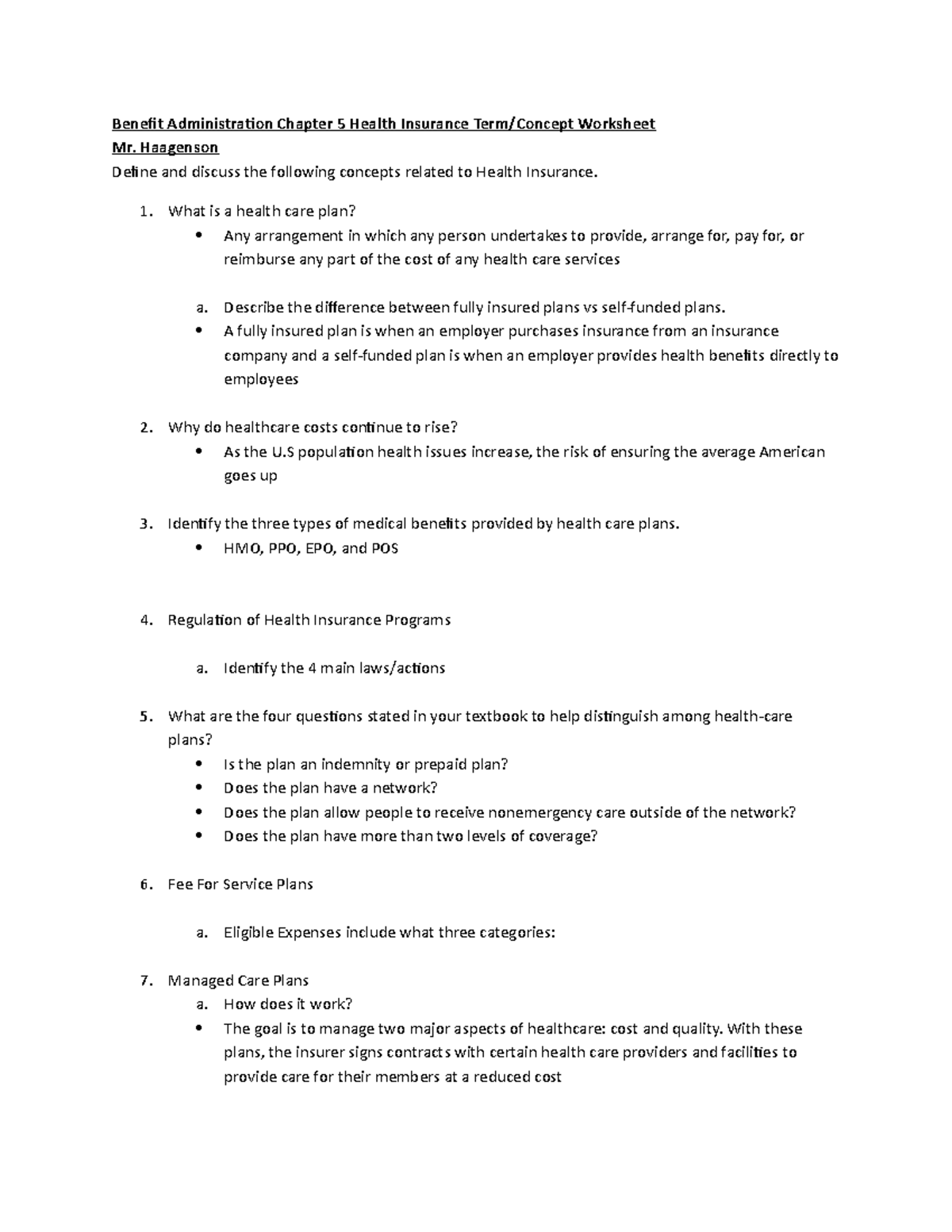 Benefit Administration Chapter 5 Health Insurance Worksheet 2017 ...
