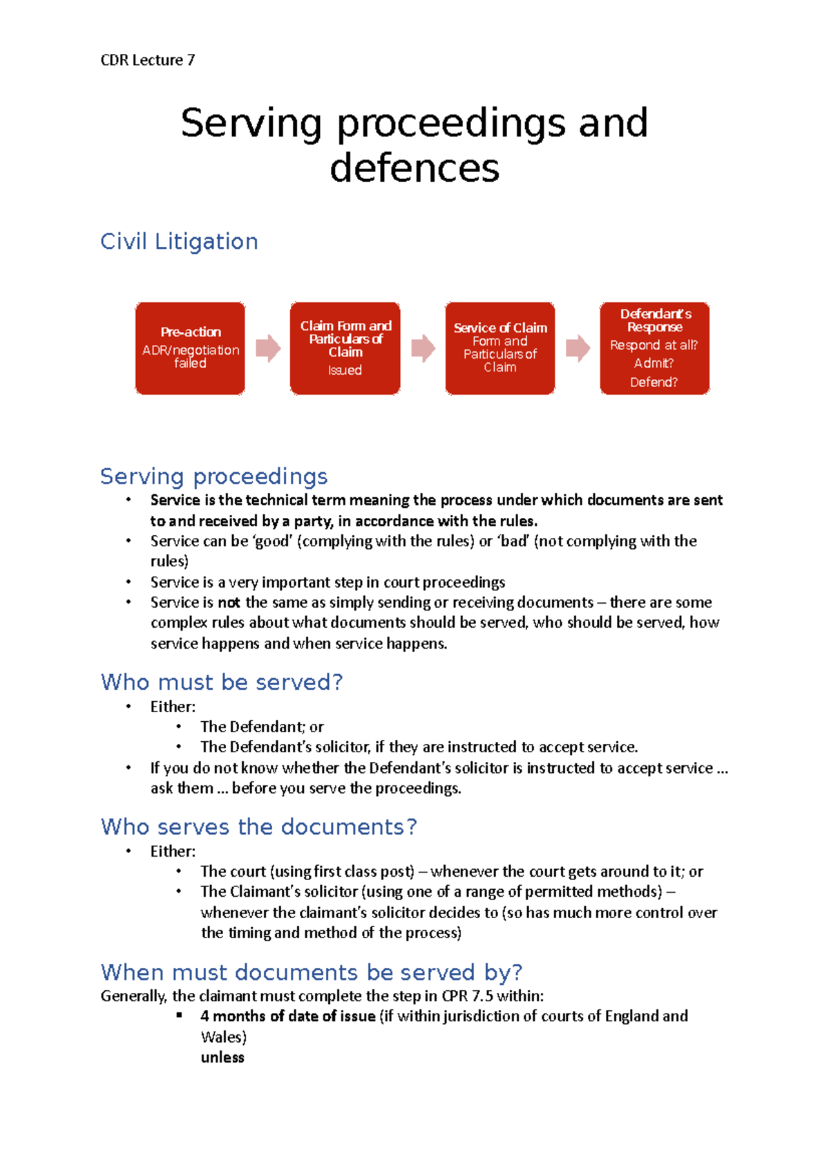 CDR Lecture Six - Serving proceedings and defences Civil Litigation Pre ...