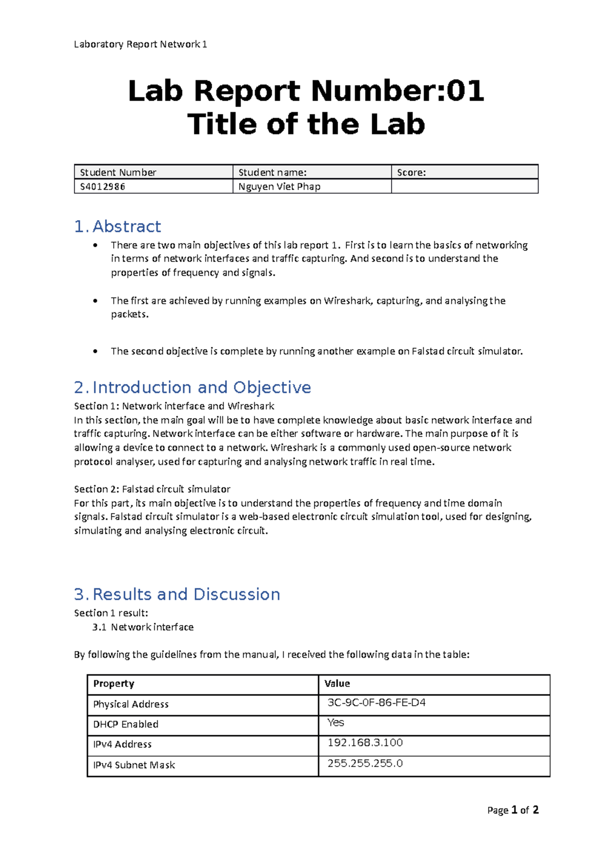 Lab Report Template-1 - template - Laboratory Report Network 1 Lab ...