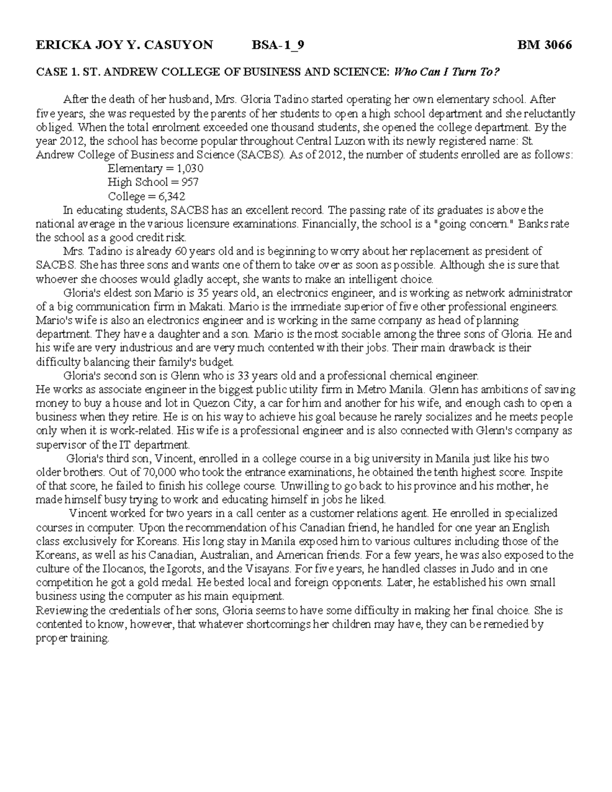 Bm - it is a case study - ERICKA JOY Y. CASUYON BSA-1_9 BM 3066 CASE 1 ...